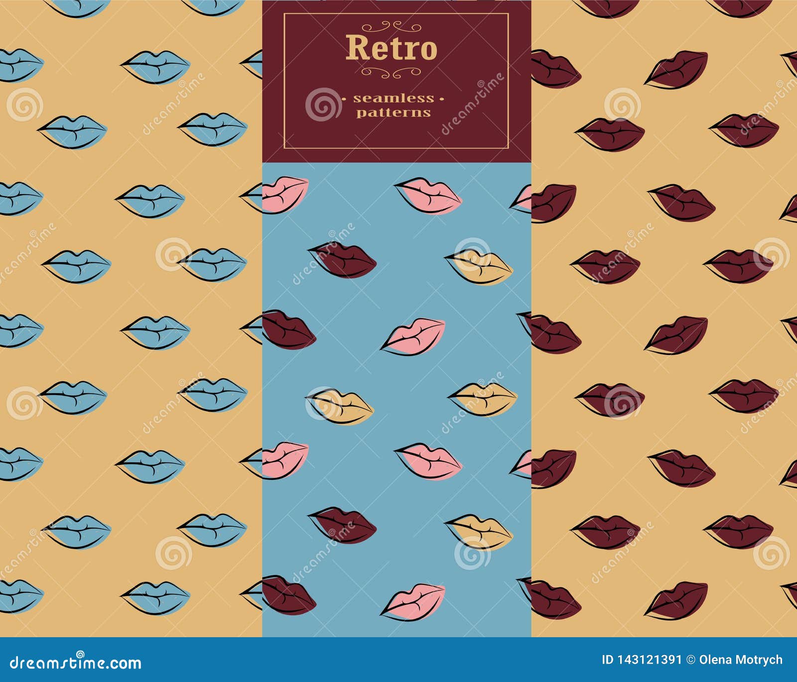 Seamless Pattern Set in Retro Style with Graphic Lips. Stock Vector ...