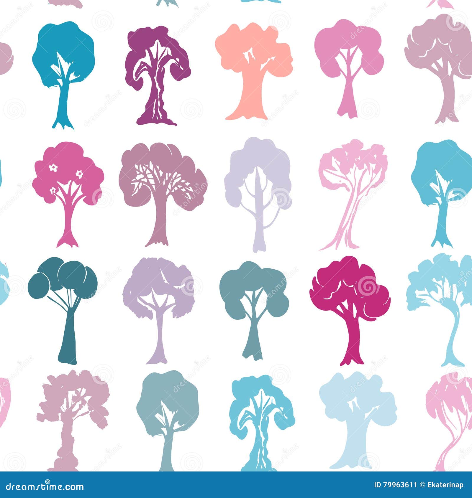 Seamless Pattern Set of Violet Purple Blue Pink Trees Silhouettes ...