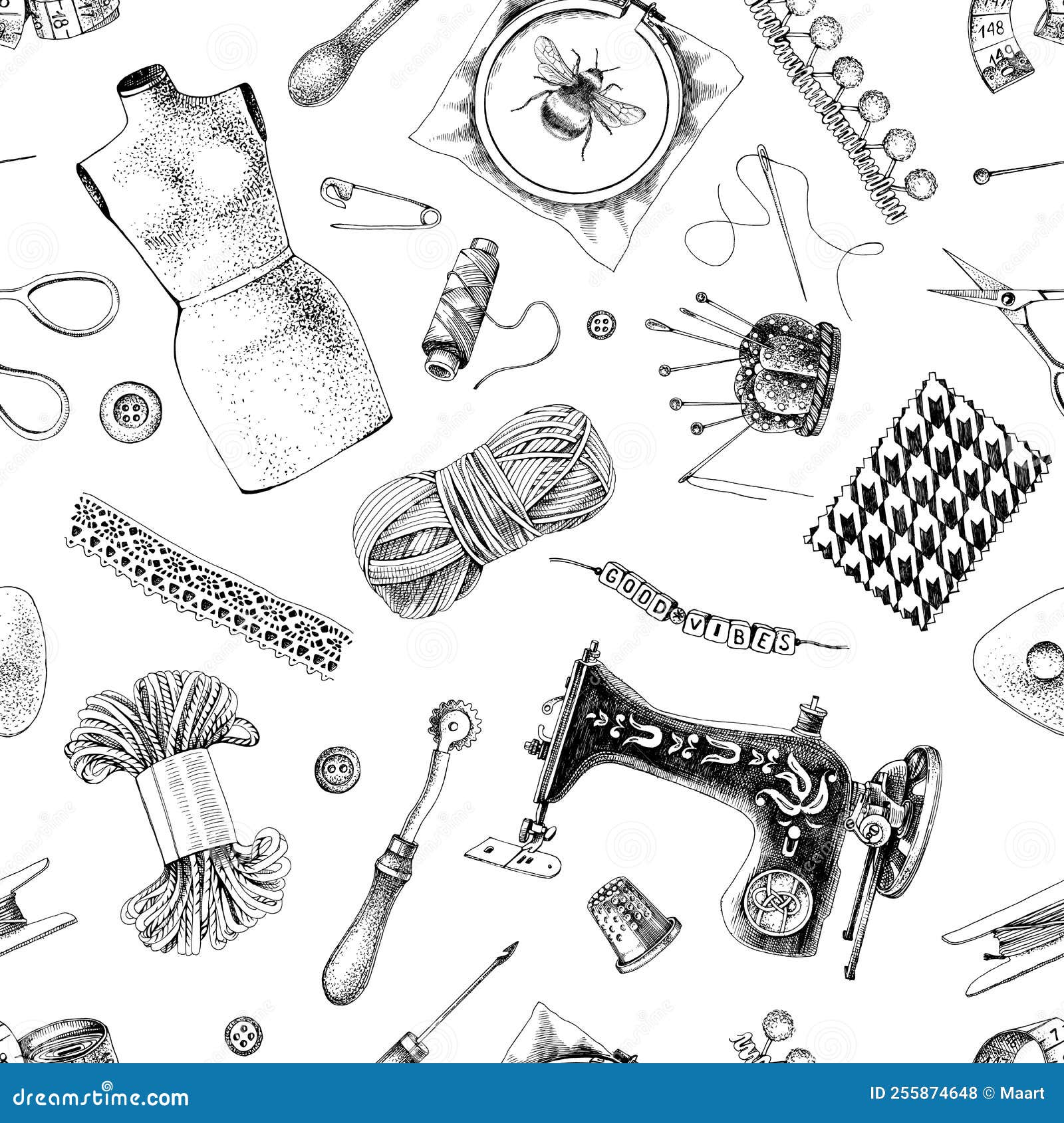 Sewing Tools Seamless Pattern Monochrome Stock Vector - Illustration of ...