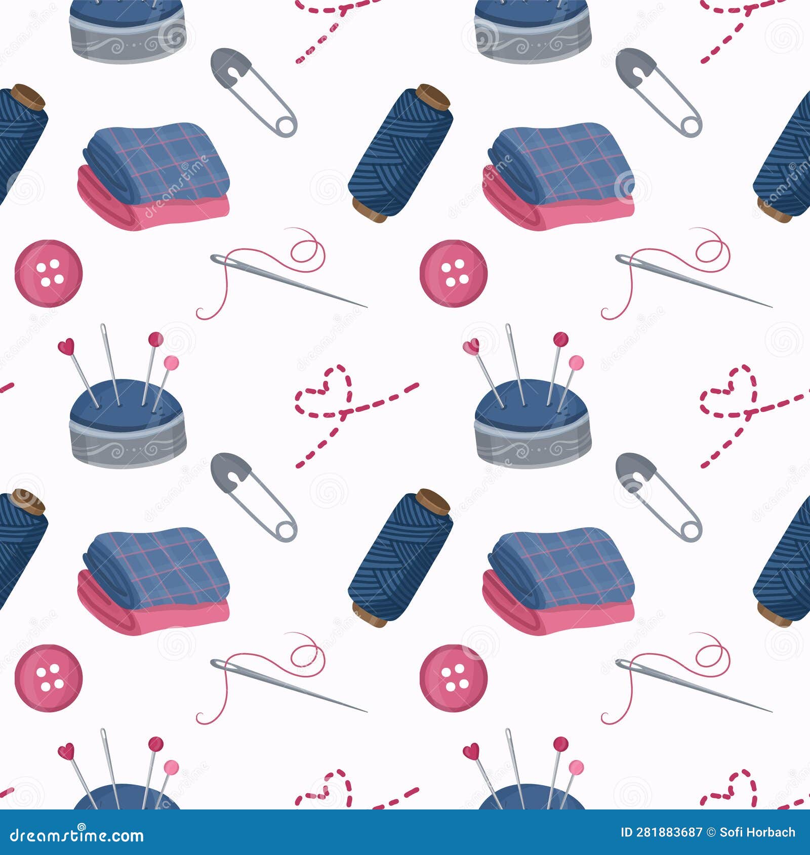 Seamless Pattern with Sewing Tools Elements, Cartoon Style. Wrap ...