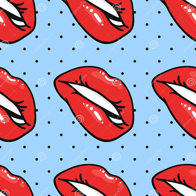 Seamless Pattern With Female Lips With Gloss Red Lipstick Pop Art