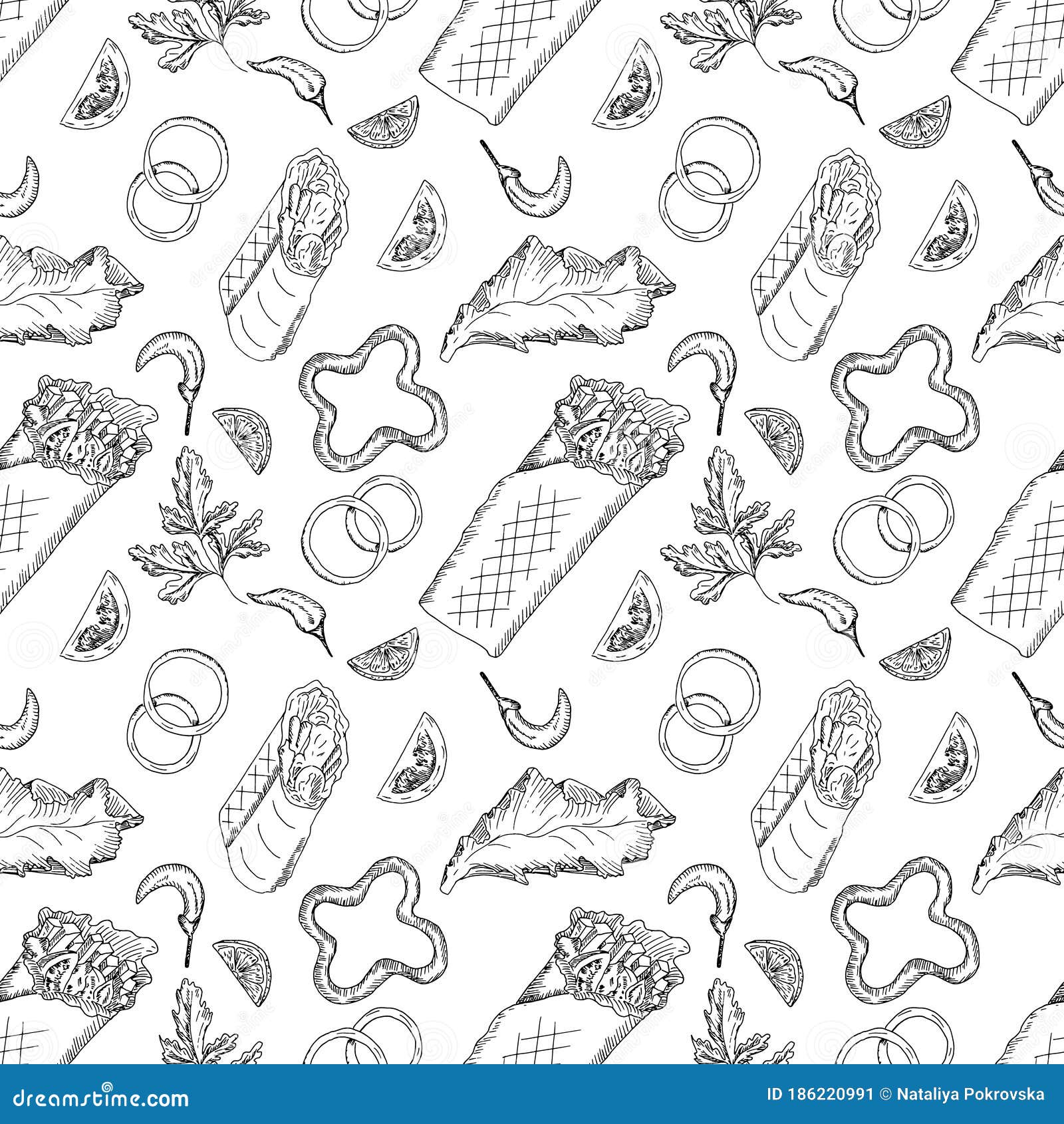 Seamless Pattern With Shawarma Chicken Roll, Fresh Vegetables On White ...