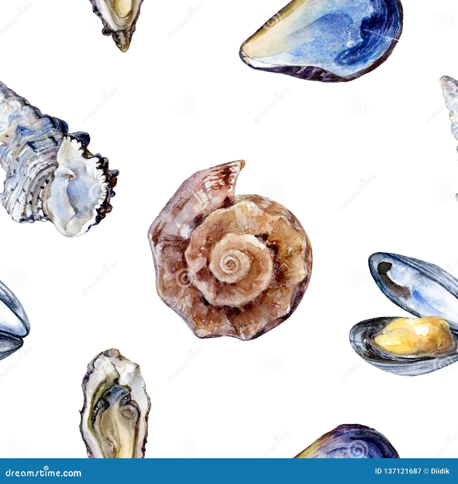 Watercolor Hand Drawn Shell, Oyster Isolated Seamless Pattern. Stock ...
