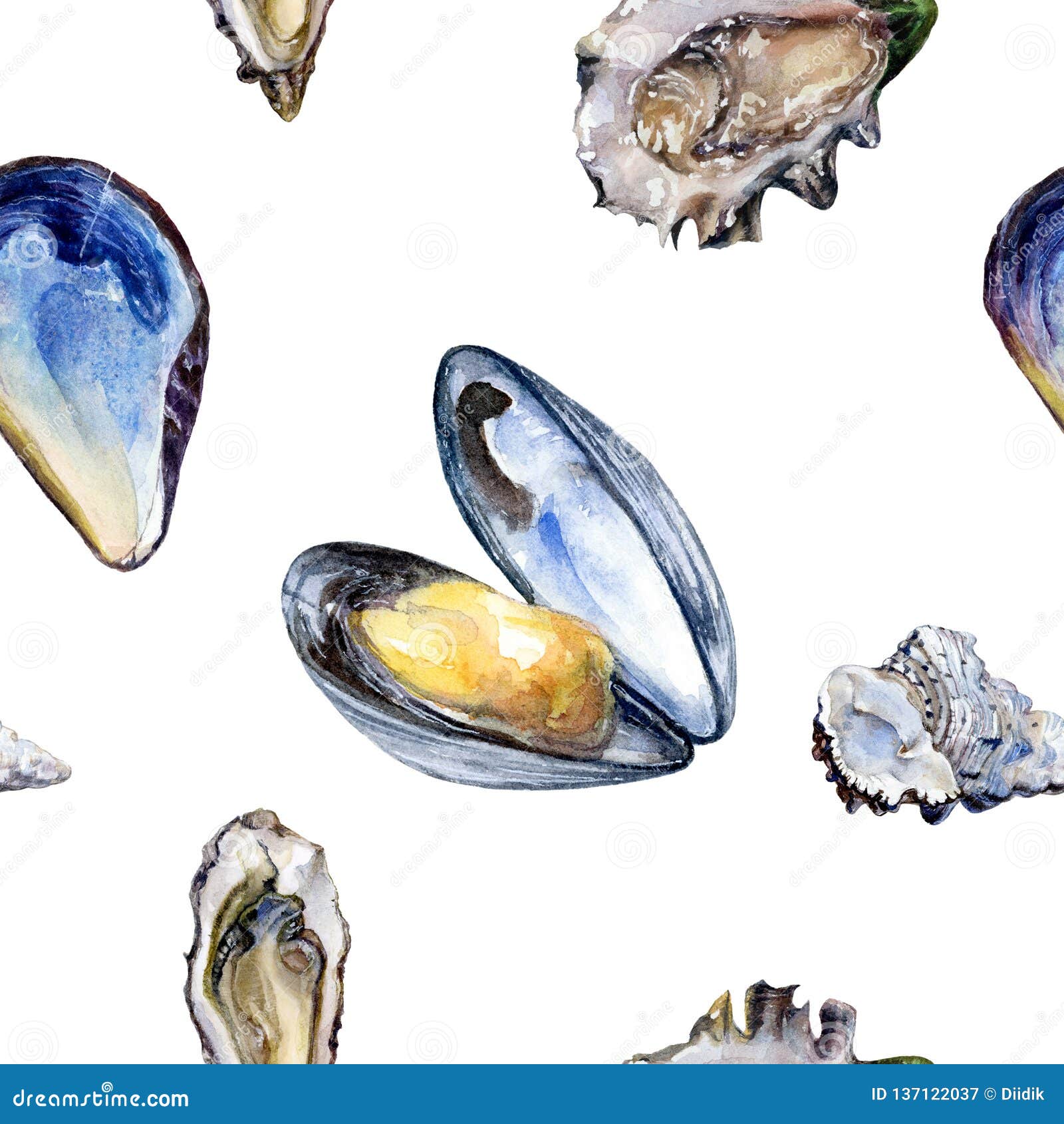 Watercolor Hand Drawn Shell, Oyster Isolated Seamless Pattern. Stock ...