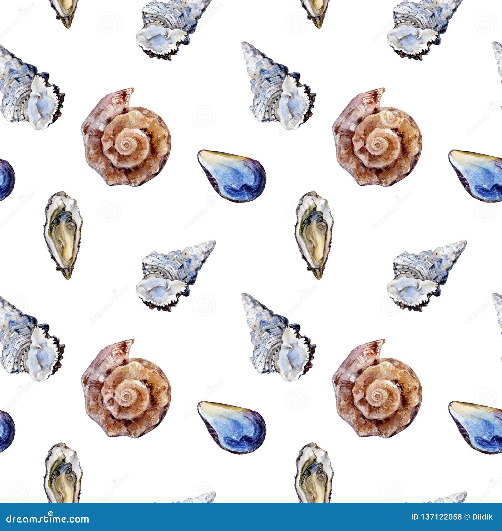 Watercolor Hand Drawn Shell, Oyster Isolated Seamless Pattern. Stock ...