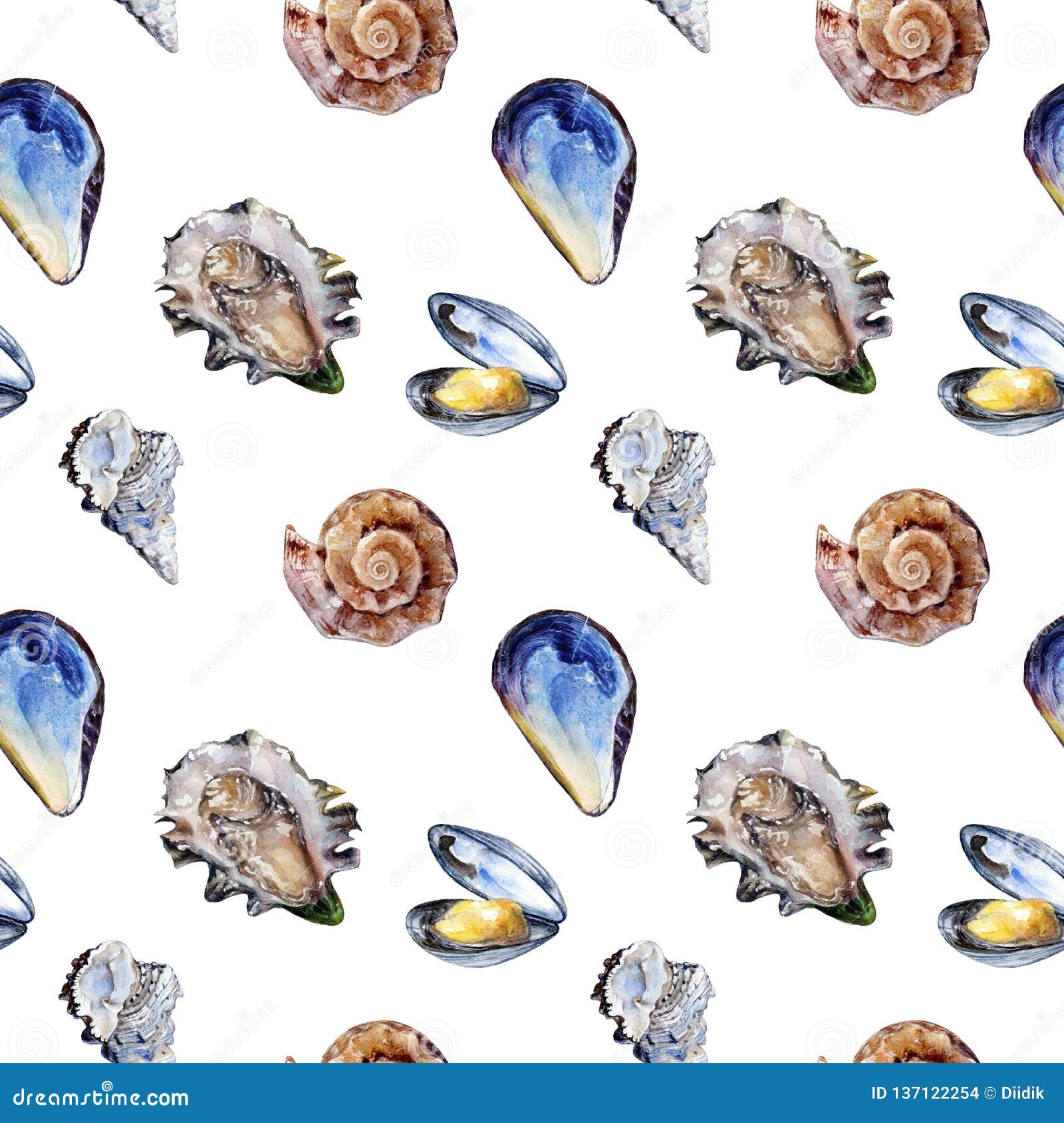 Watercolor Hand Drawn Shell, Oyster Isolated Seamless Pattern. Stock ...