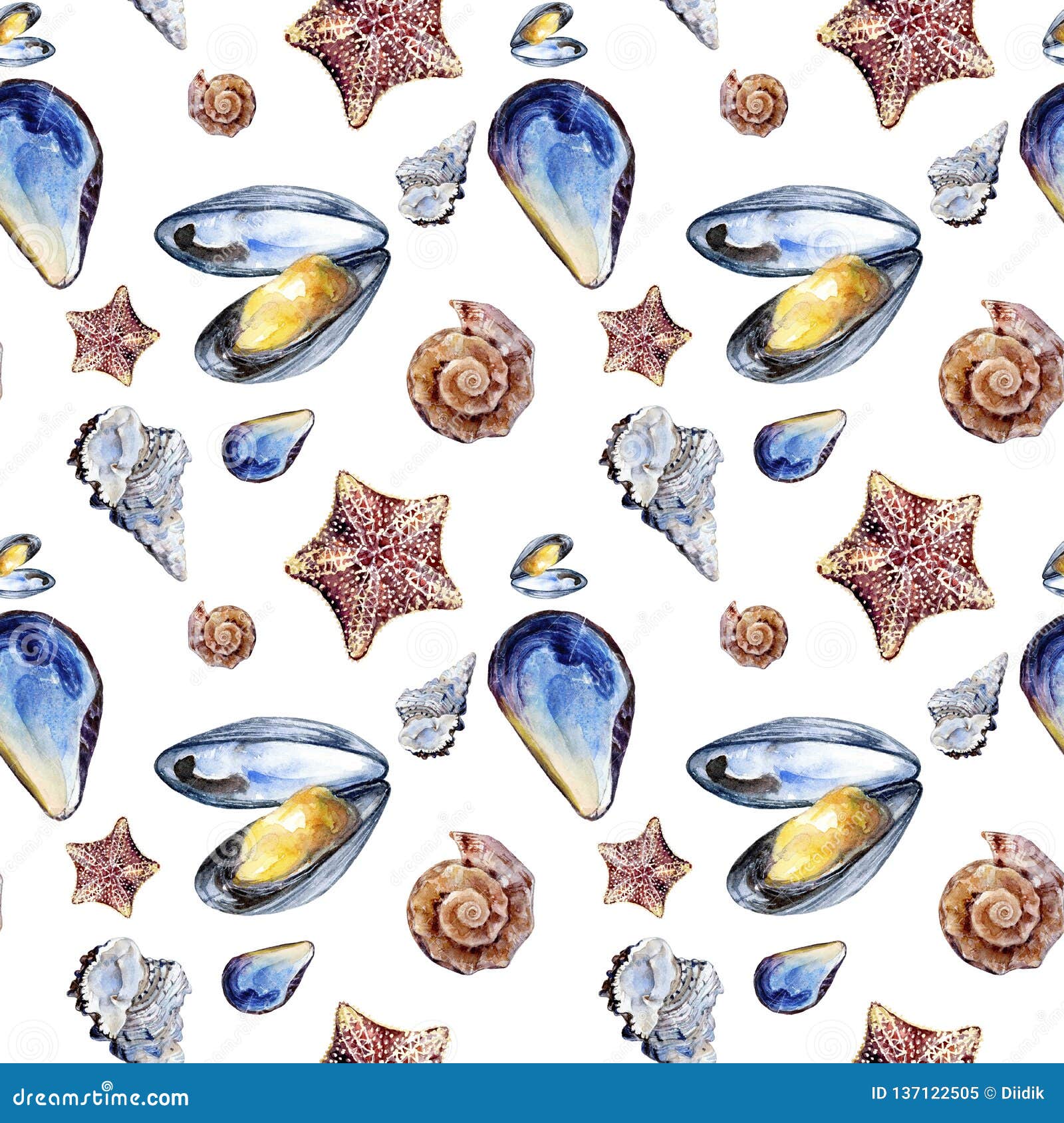 Watercolor Hand Drawn Shell, Oyster, Starfish Isolated Seamless Pattern ...