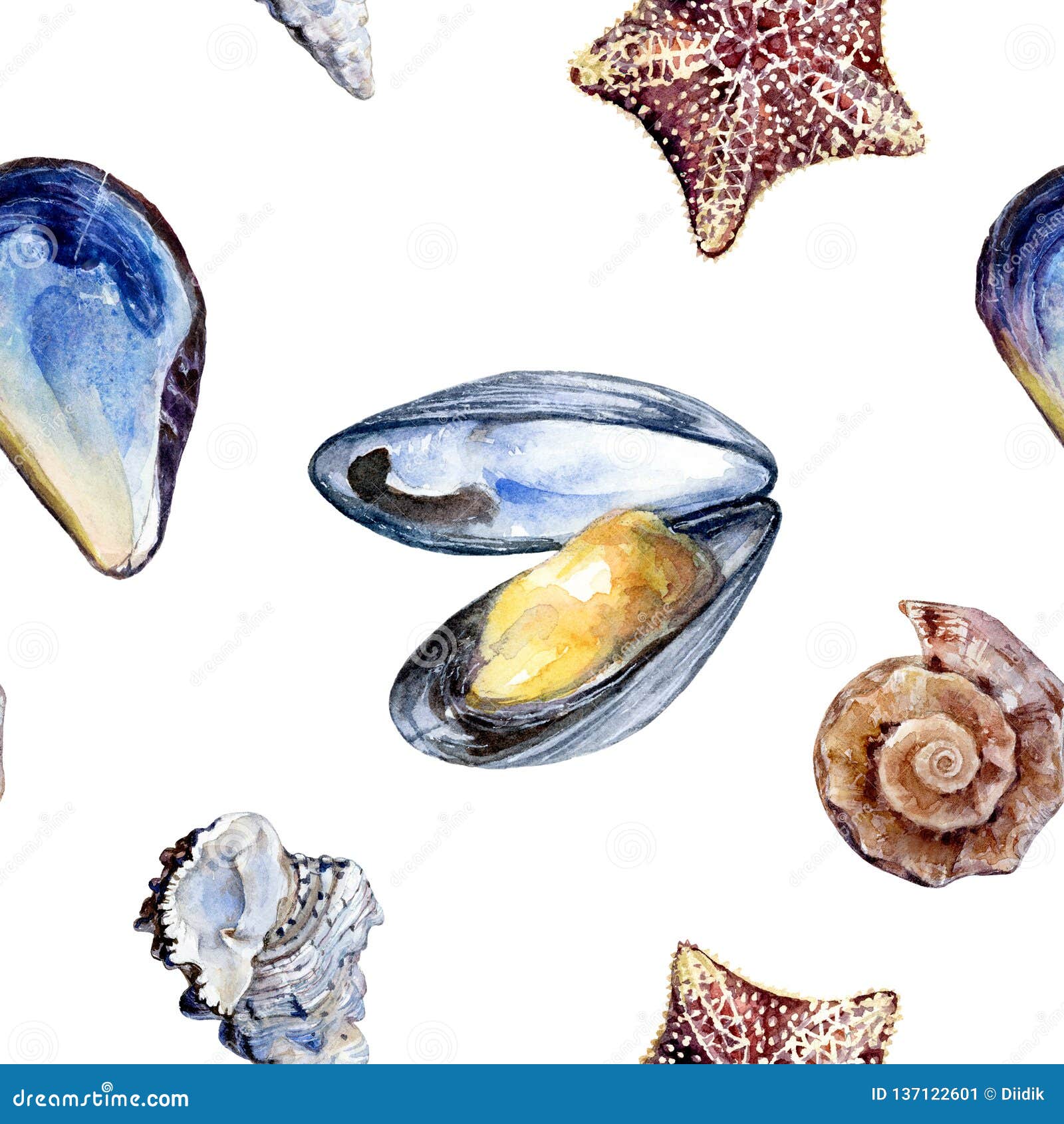 Watercolor Hand Drawn Shell, Oyster, Starfish Isolated Seamless Pattern ...