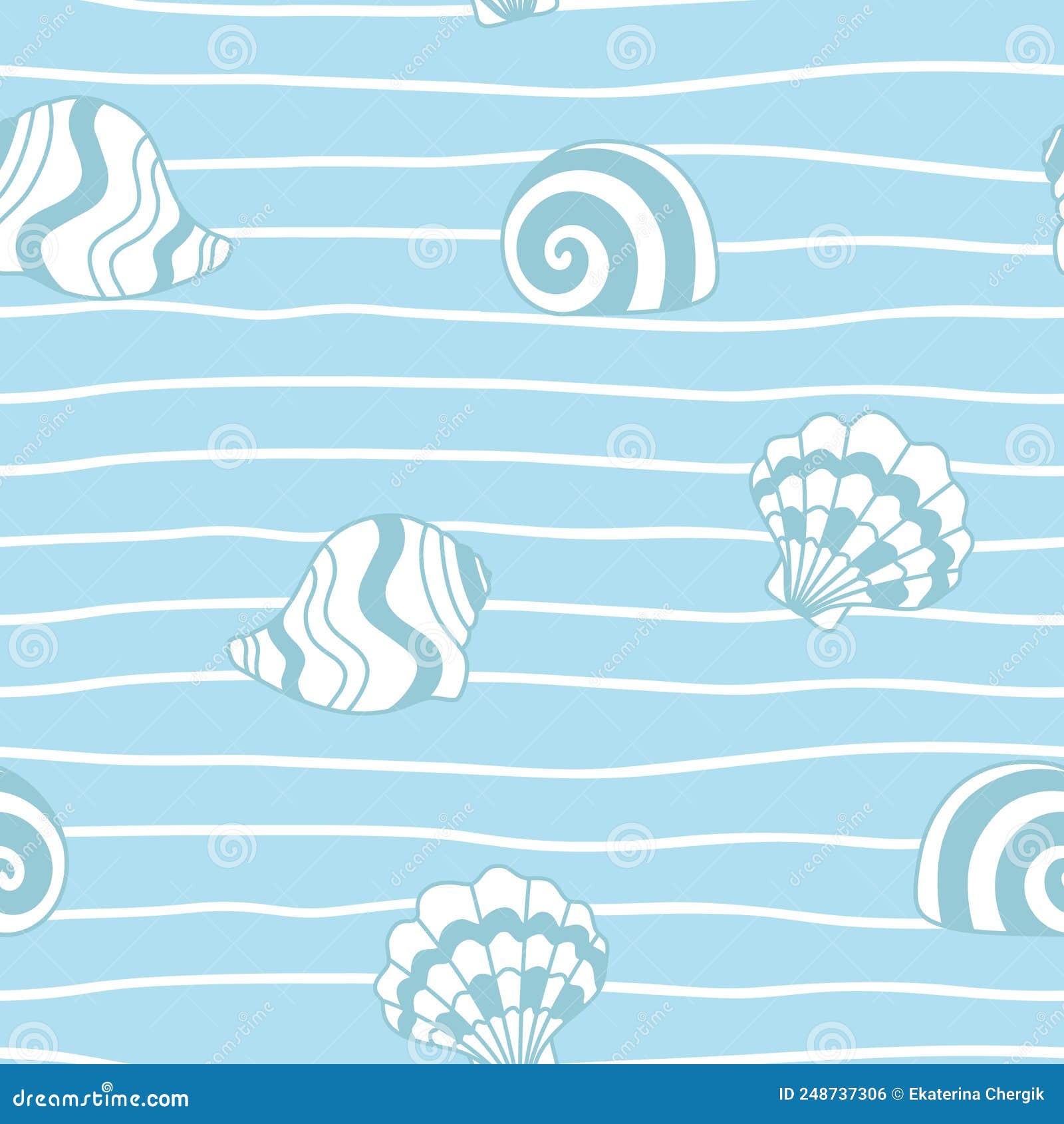 Seamless Pattern with Shells Blue Outline Stock Vector - Illustration ...