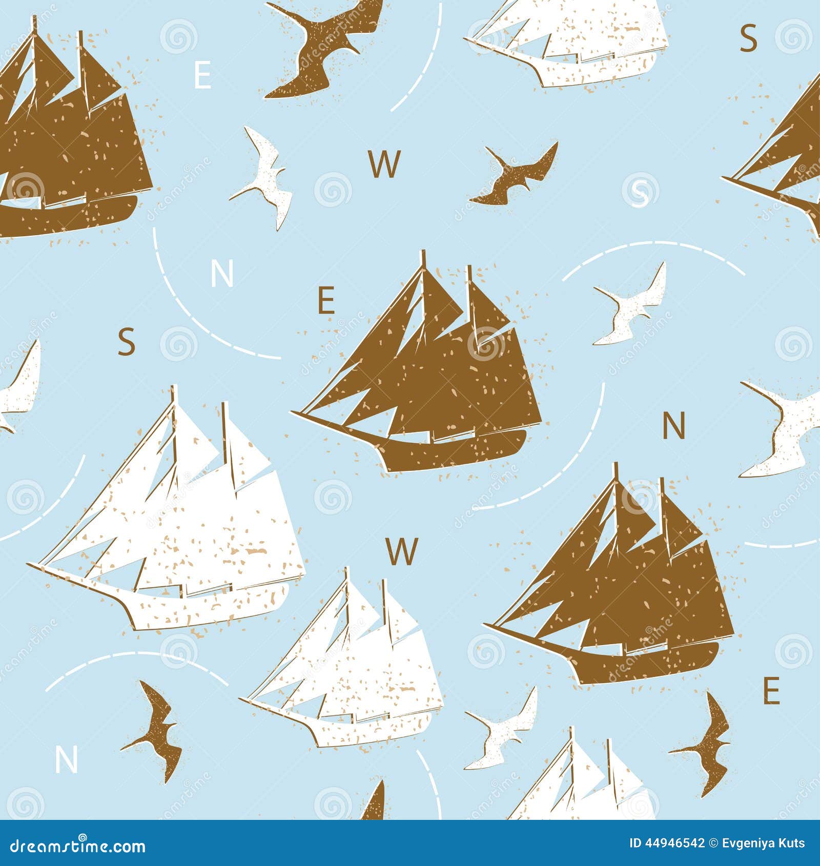Seamless Pattern Ships Birds Silhouettes Background Blue Design Stock ...