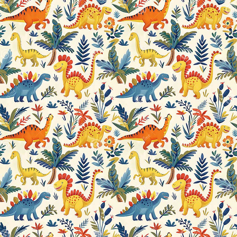 A Seamless Pattern Showcasing Various Dinosaurs in a Jungle Setting ...