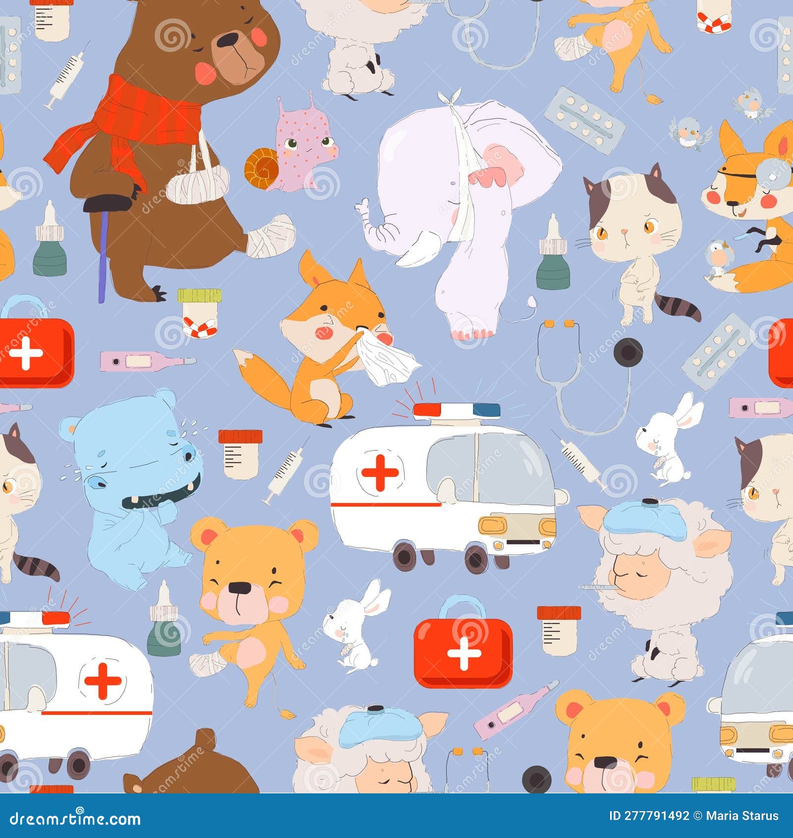 Seamless Pattern with Sick Cartoon Characters on Blue Background Stock ...
