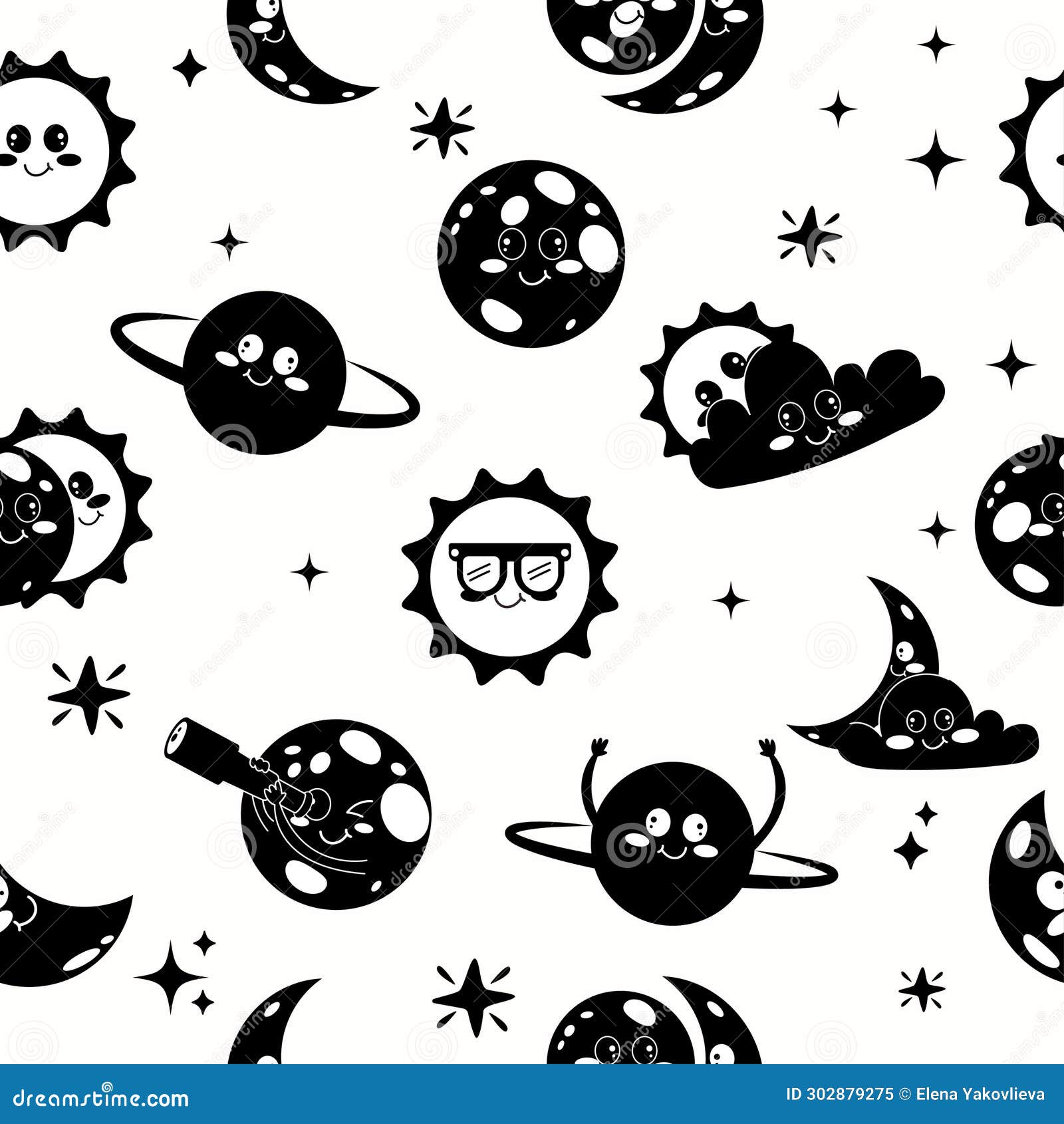 Seamless Pattern Silhouette Kawaii Solar Eclipse in Flat Cartoon Style ...