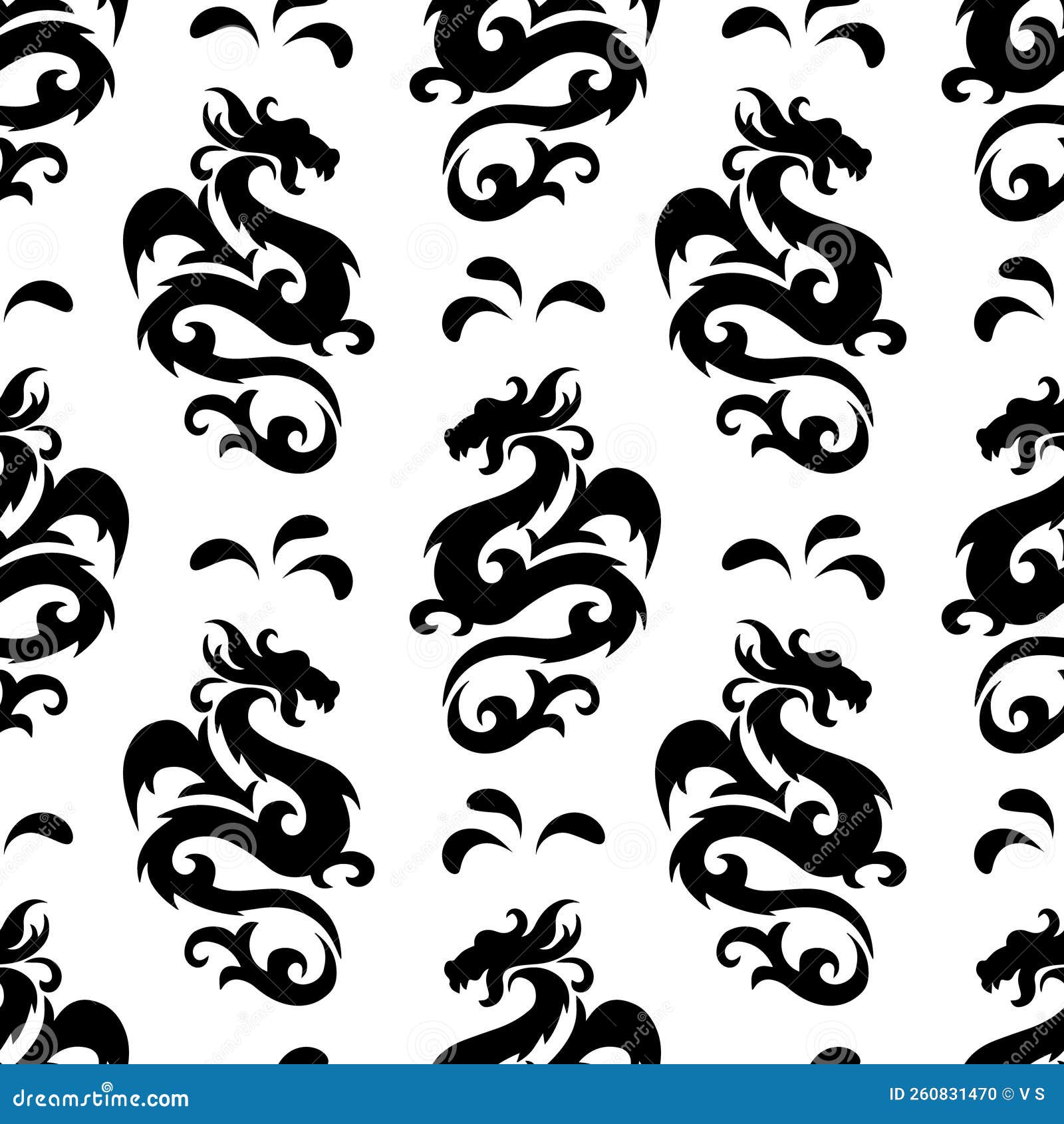 Seamless Pattern, Silhouettes Of Black Chinese Dragons On A White ...