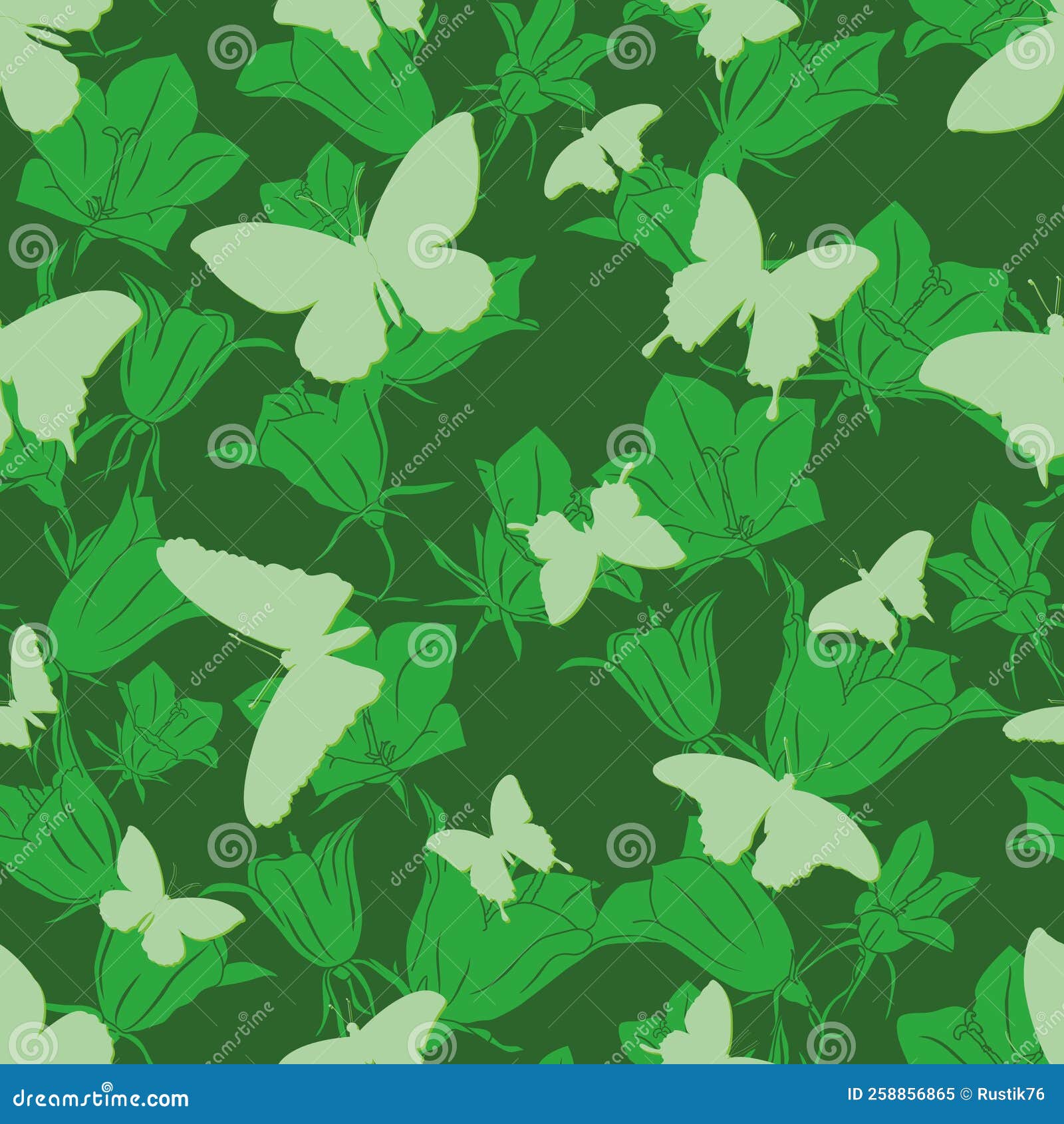 Seamless Pattern with Silhouettes of Butterflies on a Green Background ...