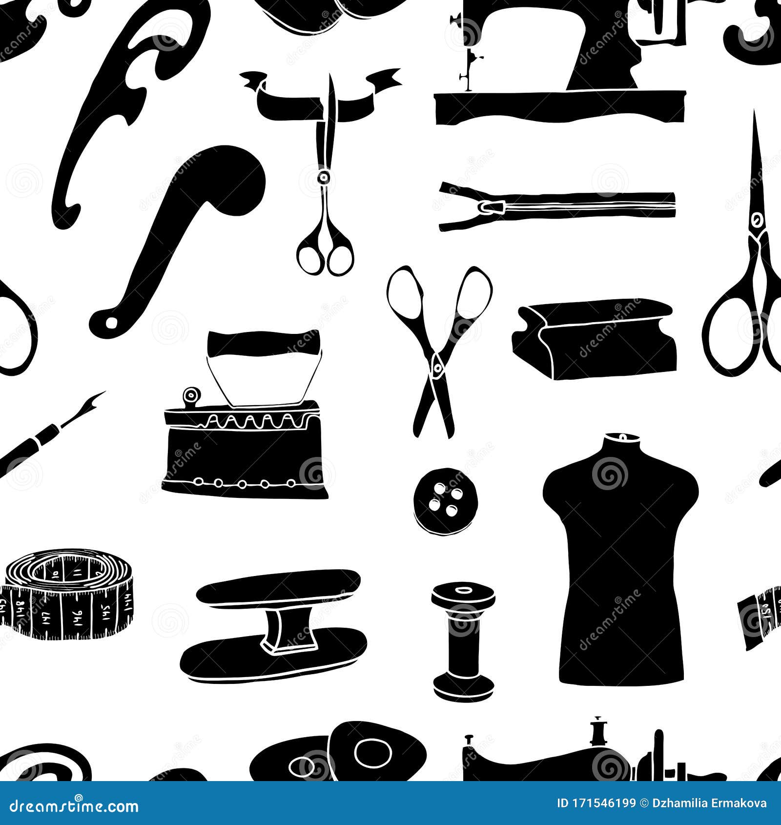 Seamless Pattern of Silhouettes of Various Sewing Tools for Clothing ...