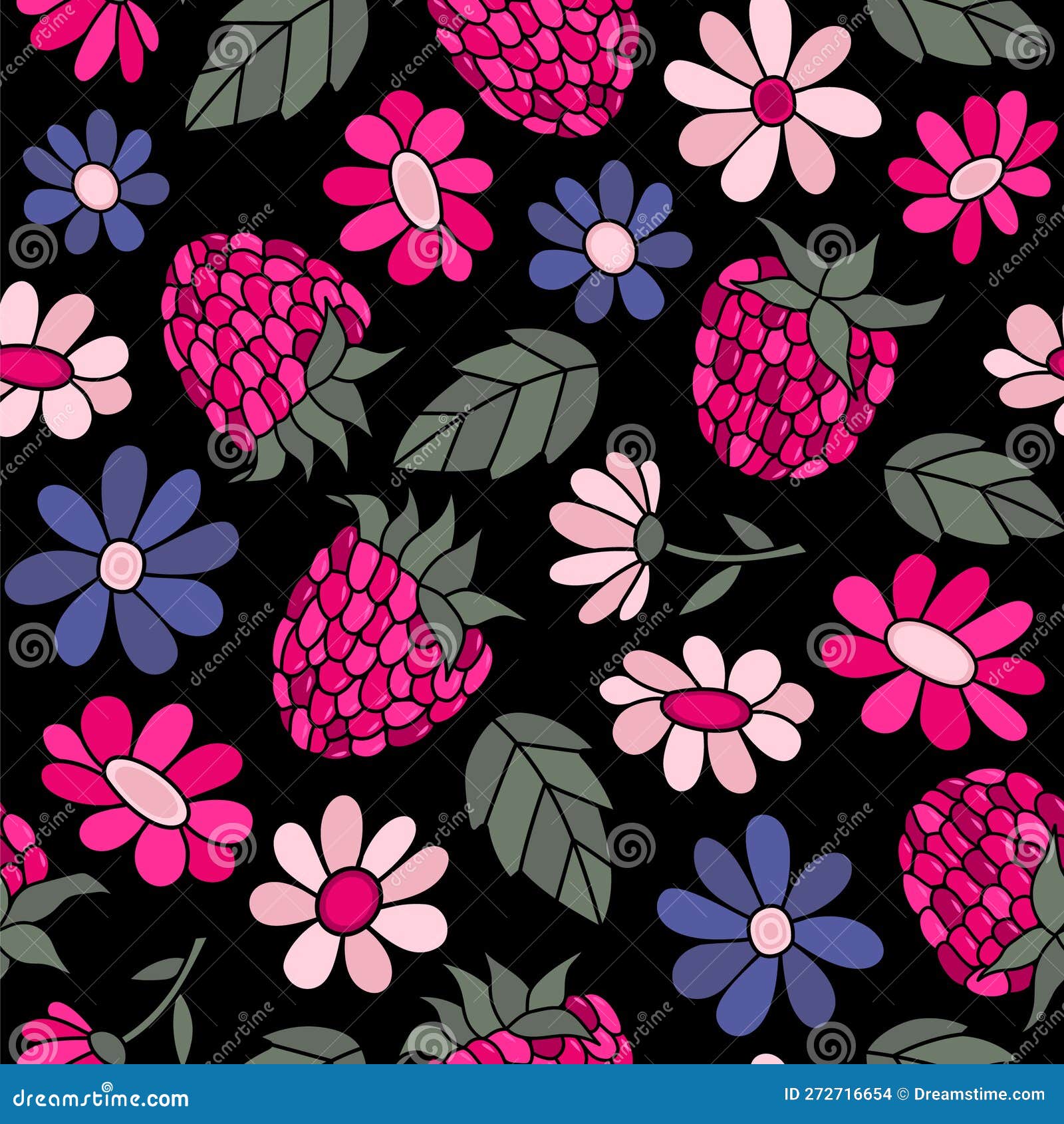 Seamless Pattern of Simple Hand-drawn Raspberry Berries and Flowers ...