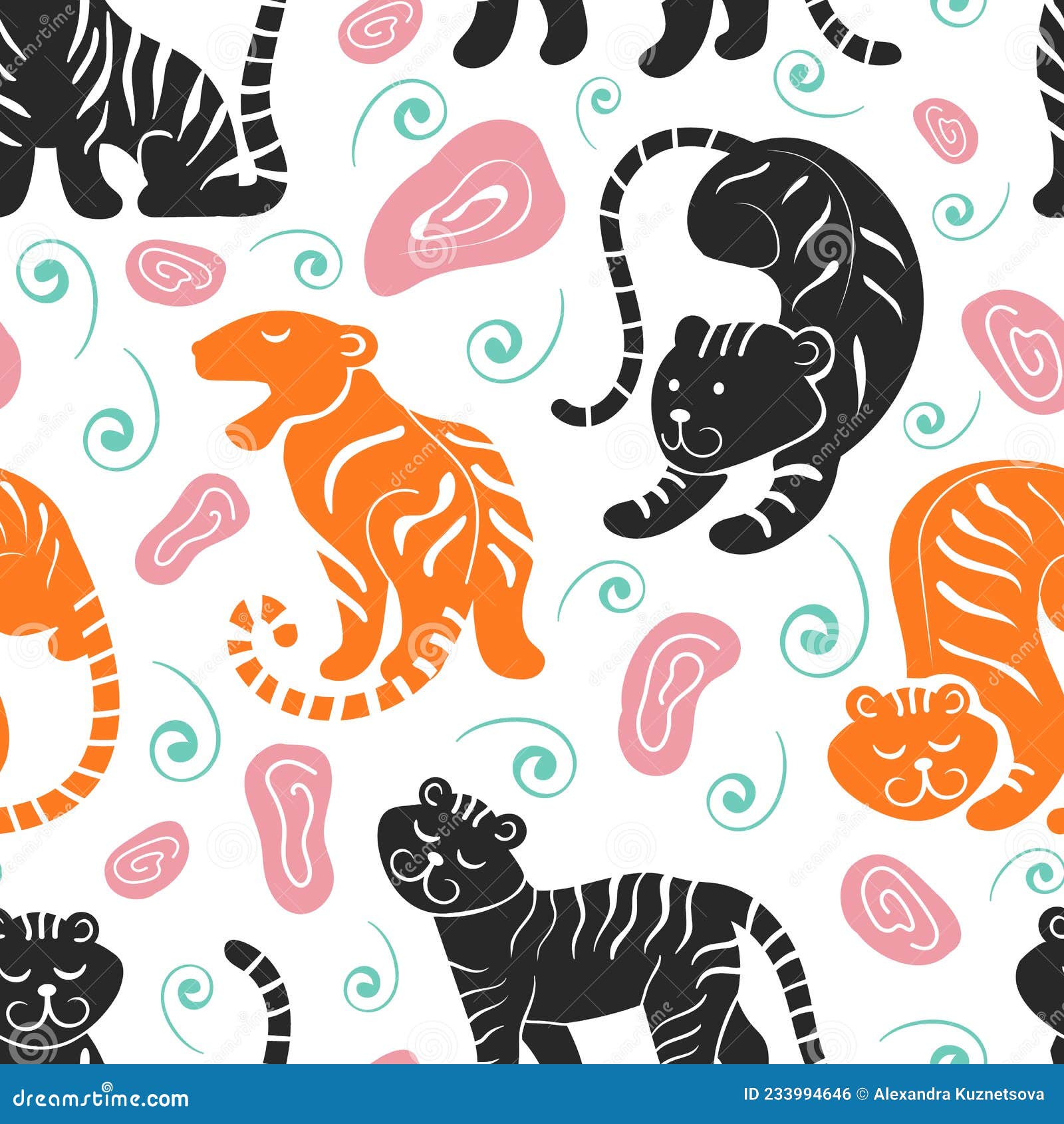 Seamless Pattern with Simple Shaped Tigers and Abstract Elements Stock ...