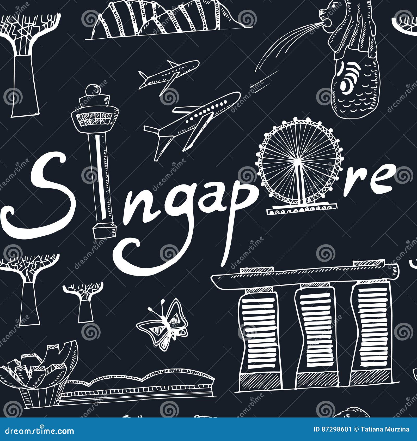 Seamless Pattern Singapore Hand Drawn Icons Vector Illustration ...
