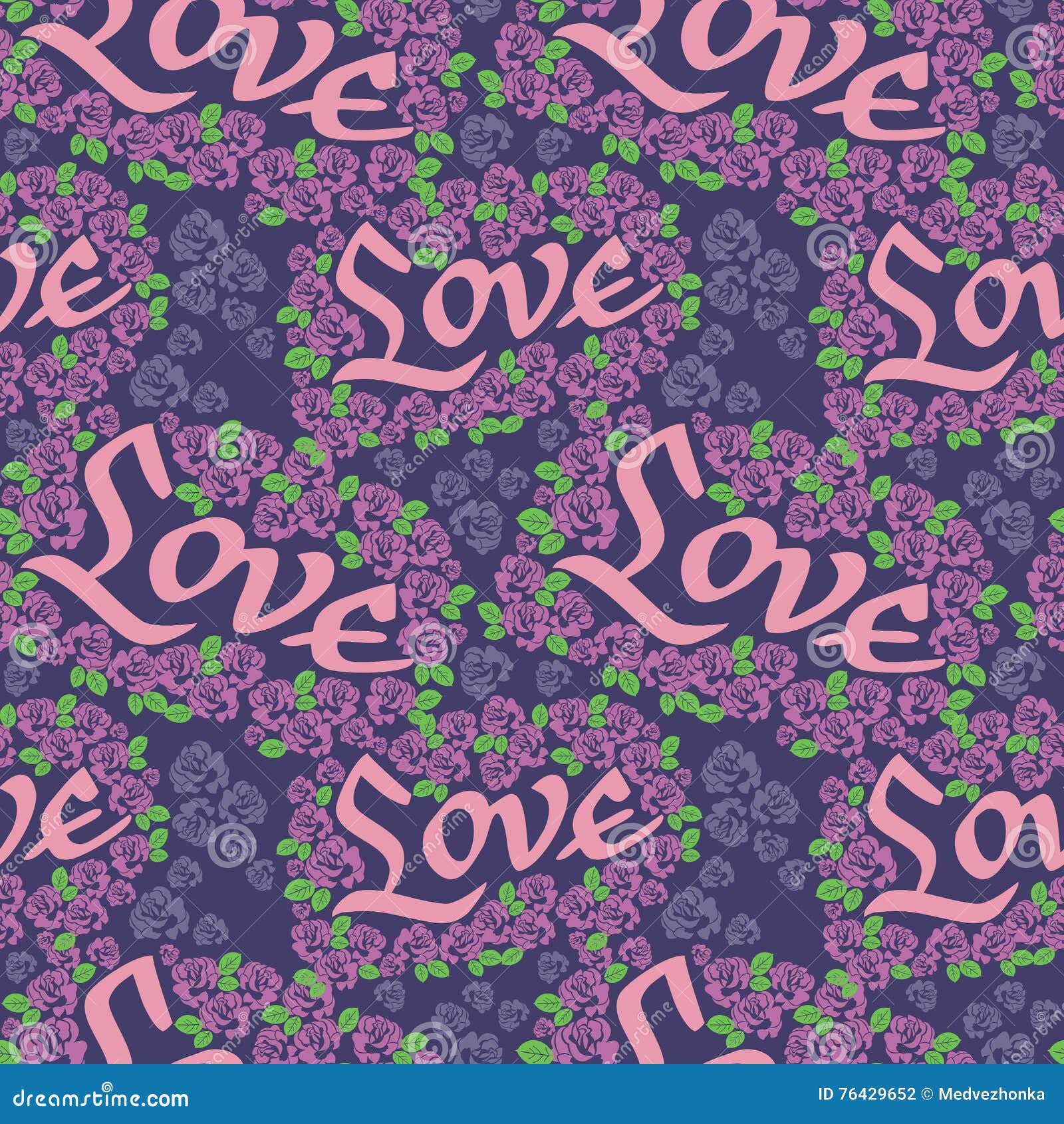 Seamless Pattern with Single Word `love` and Roses Silhouettes. Stock ...