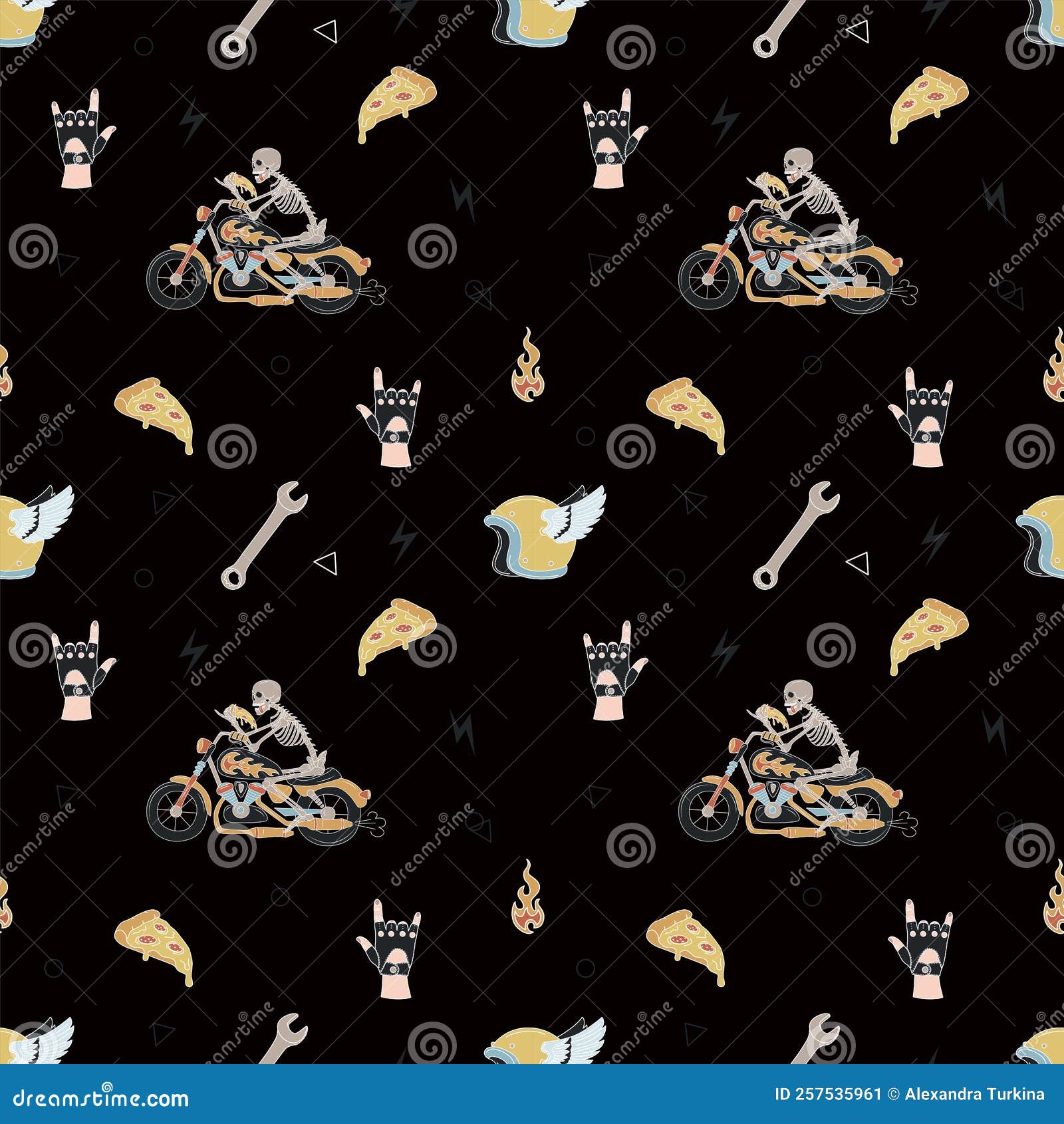 Seamless Pattern with a Skeleton on a Motorcycle and Other Elements ...