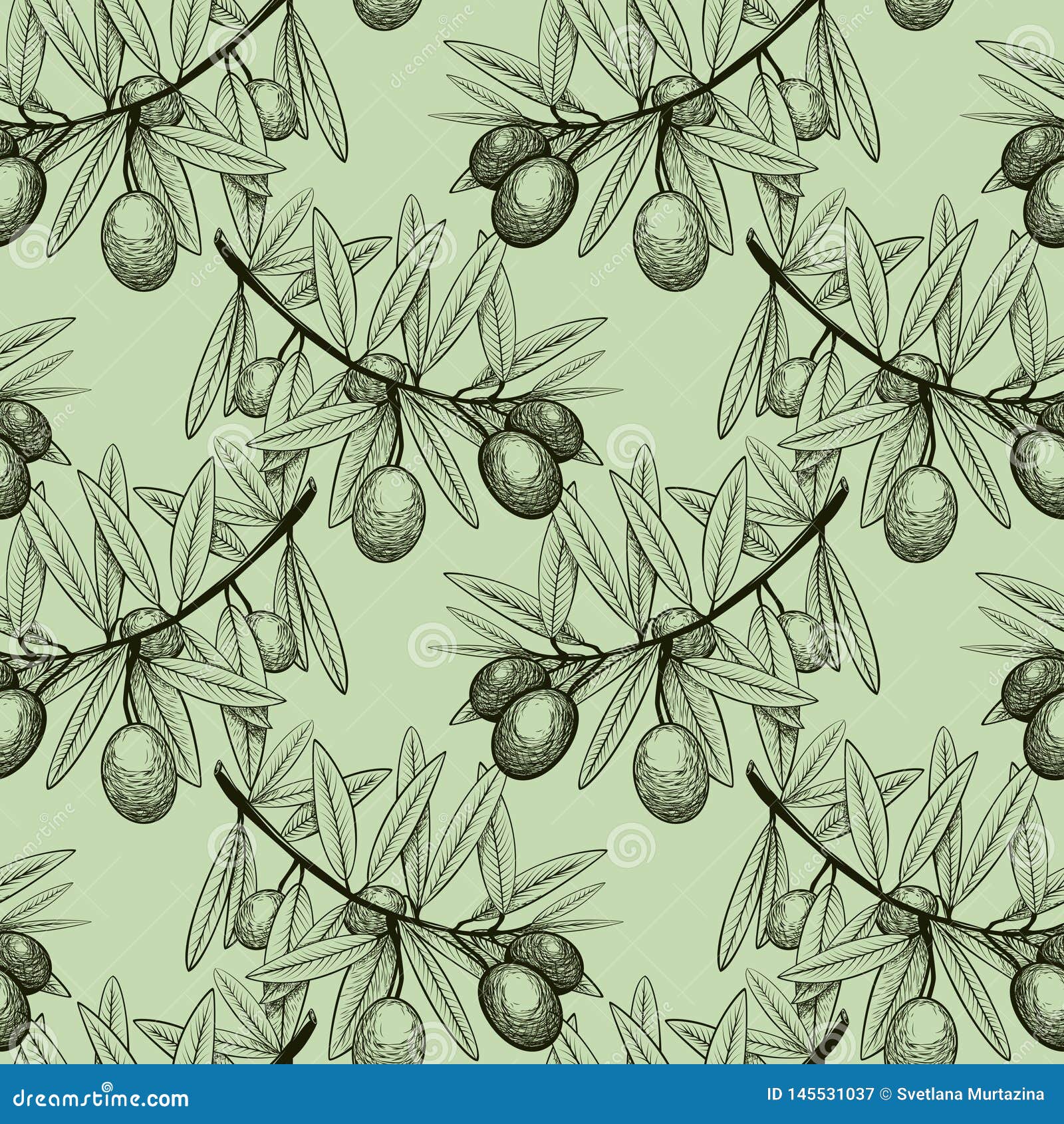 Seamless Pattern Sketch Branch of Olive Tree with Fruits Stock Vector ...