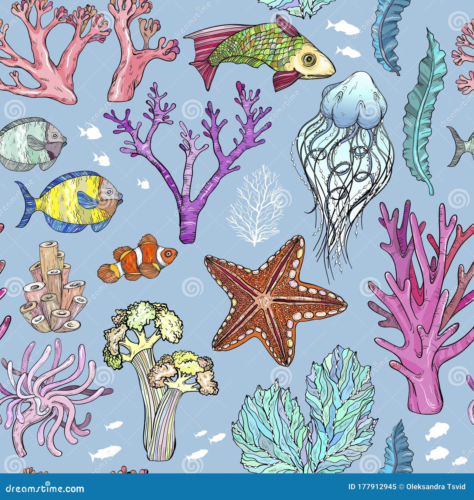 Seamless Pattern with Sketch of Deepwater Living Organisms, Fish and ...
