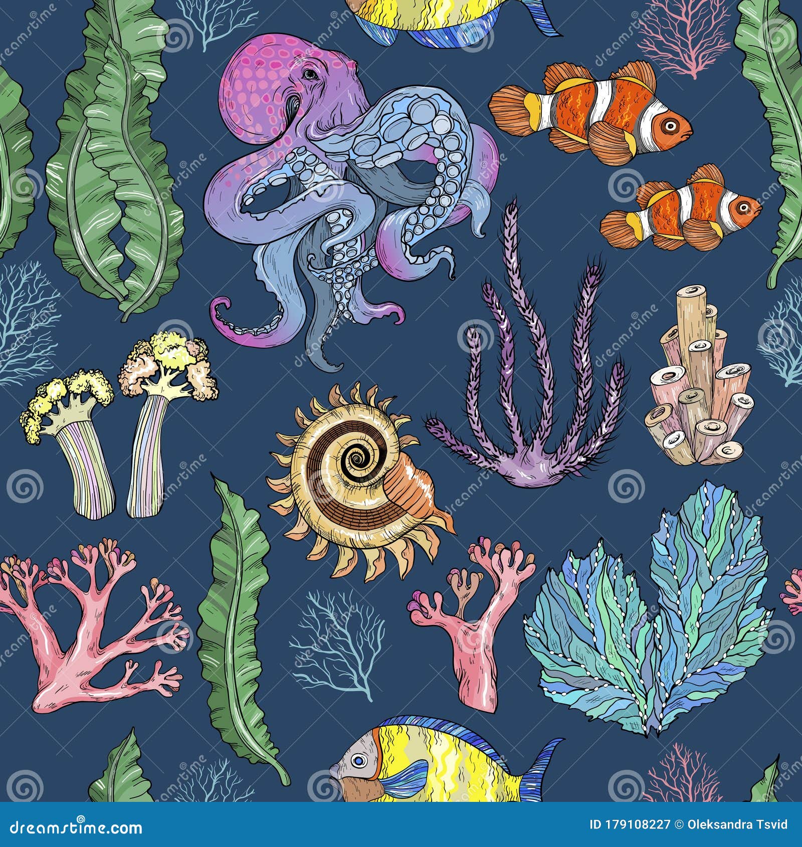 Seamless Pattern with Sketch of Deepwater Living Organisms, Fish and ...