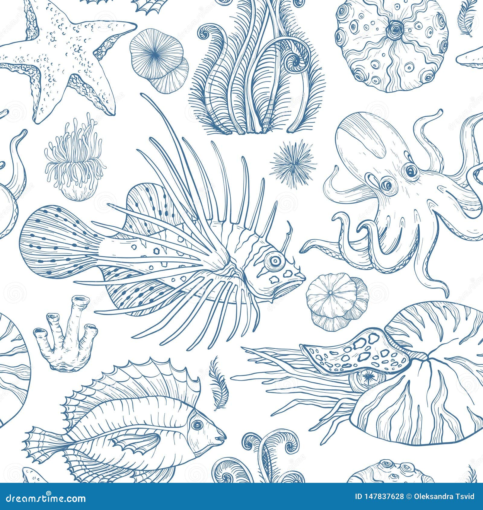 Seamless Pattern with Sketch of Deepwater Living Organisms Stock Vector ...