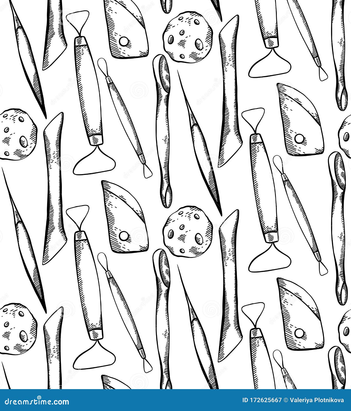 Seamless Pattern with Sketch Tools for Pottery with Hatching on White ...