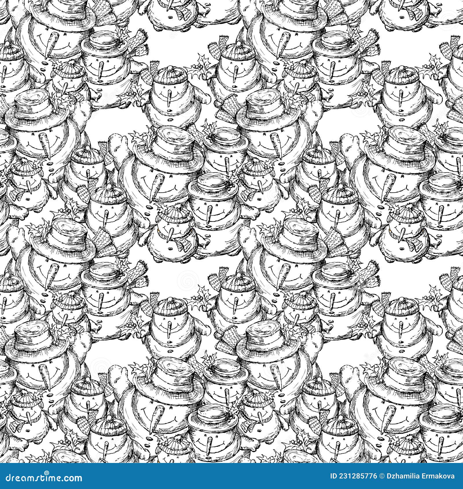 Seamless Pattern of Sketches Cheerful Happy Friendly Smiling Snowmen ...