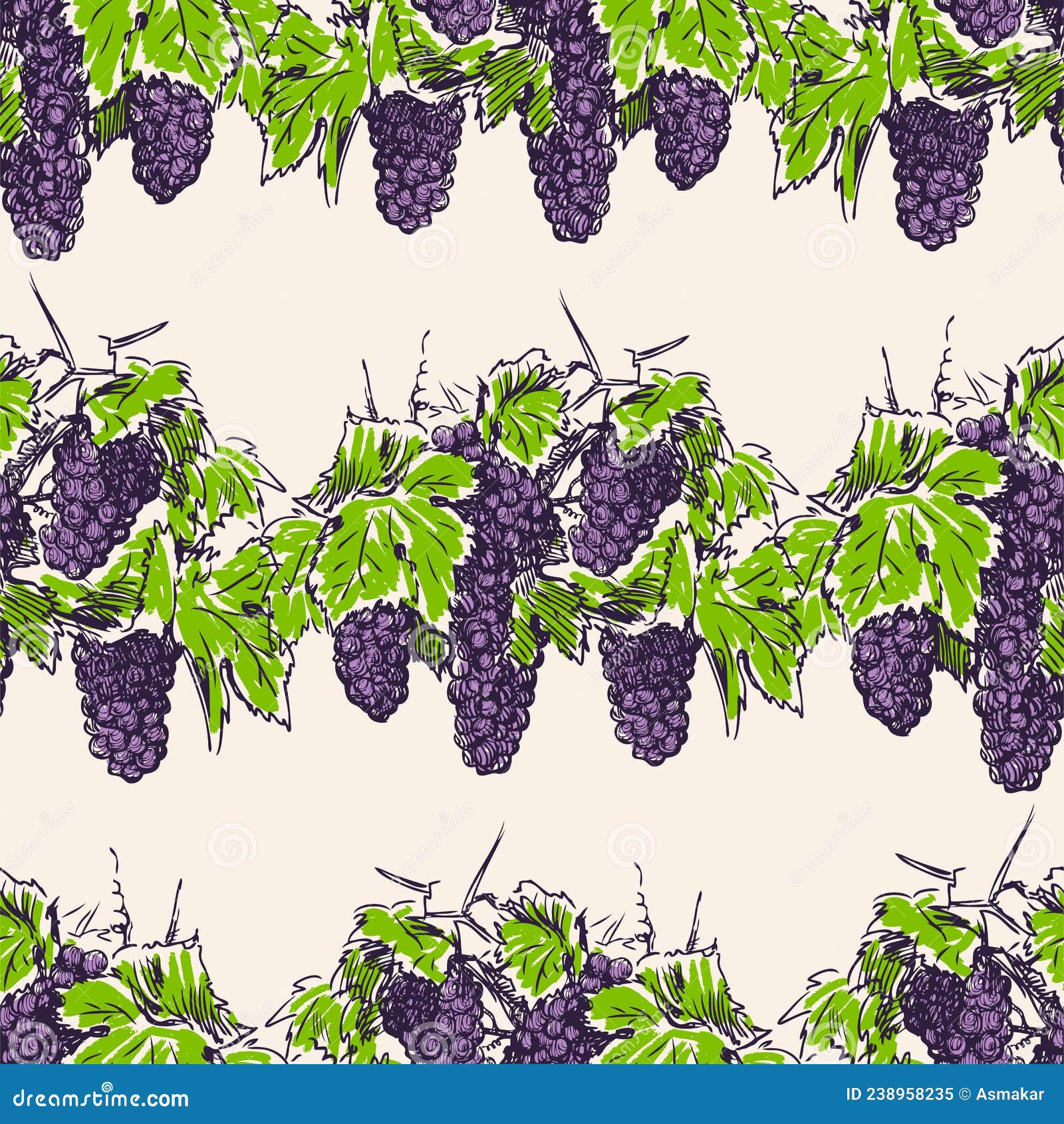 Seamless Pattern of Sketches Vine Branches with Ripe Grape Bunches and ...