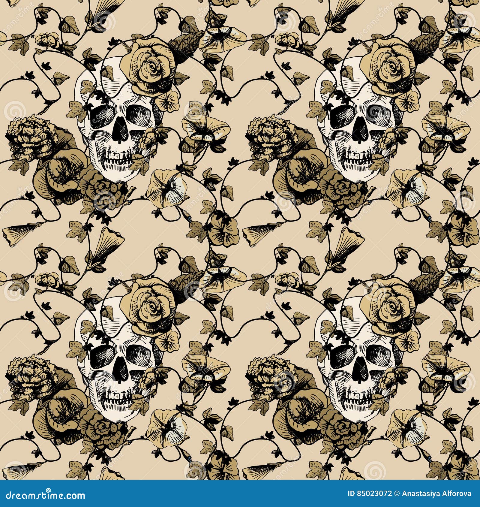 Seamless Pattern Skull in Flowers Stock Vector - Illustration of ...