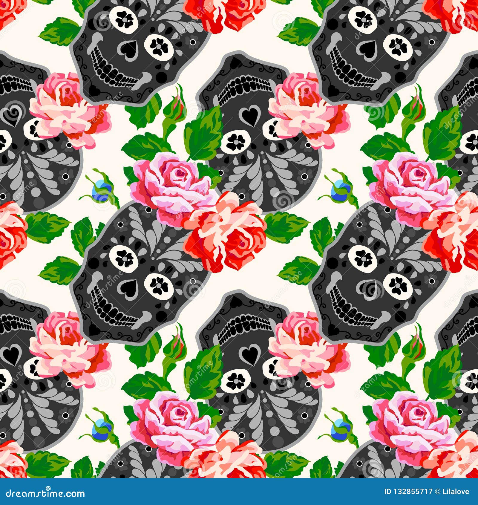 Seamless Pattern with Skull and Rose. Stock Vector - Illustration of ...
