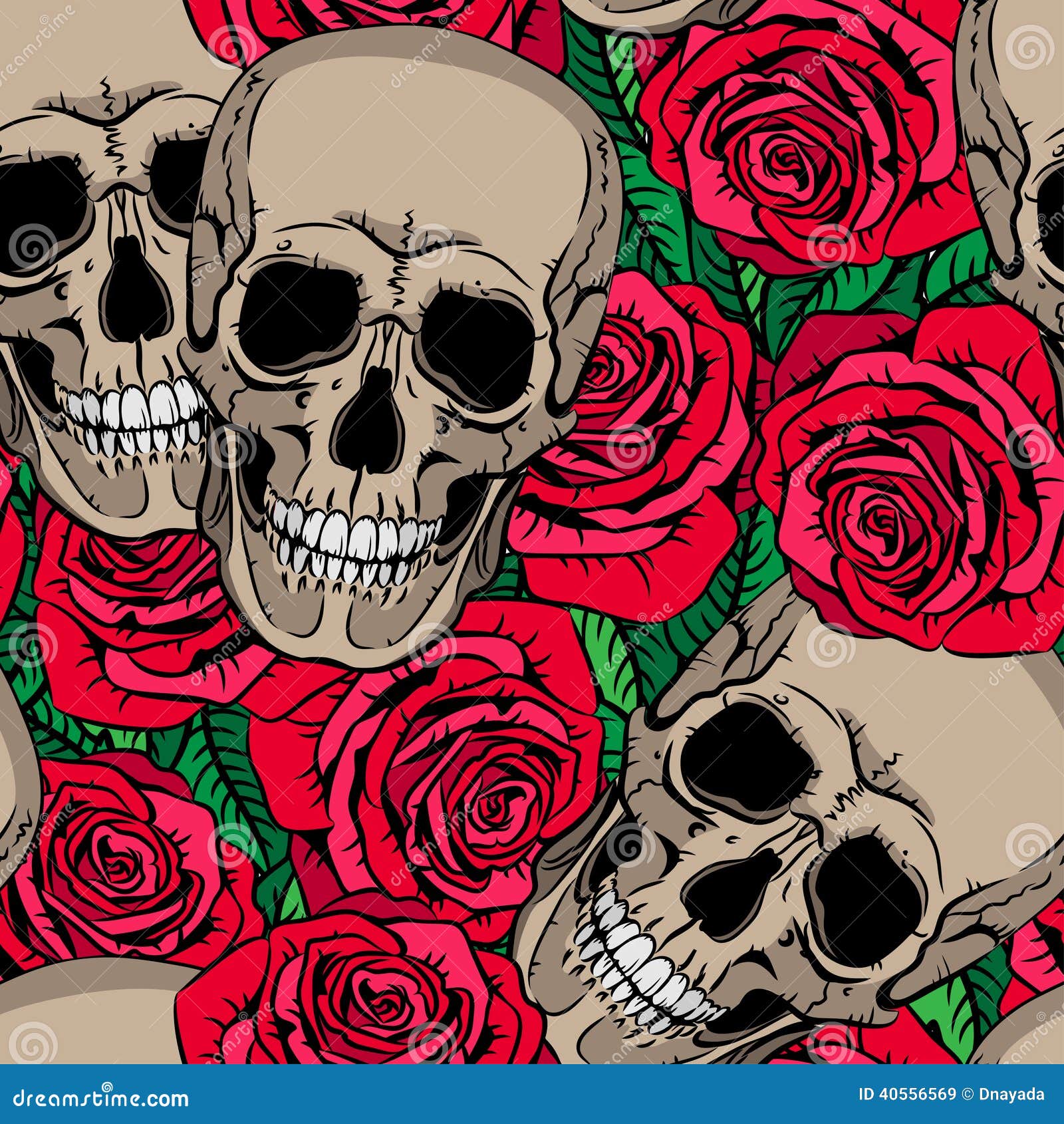 Seamless Pattern with Skulls and Red Roses Stock Vector - Illustration ...