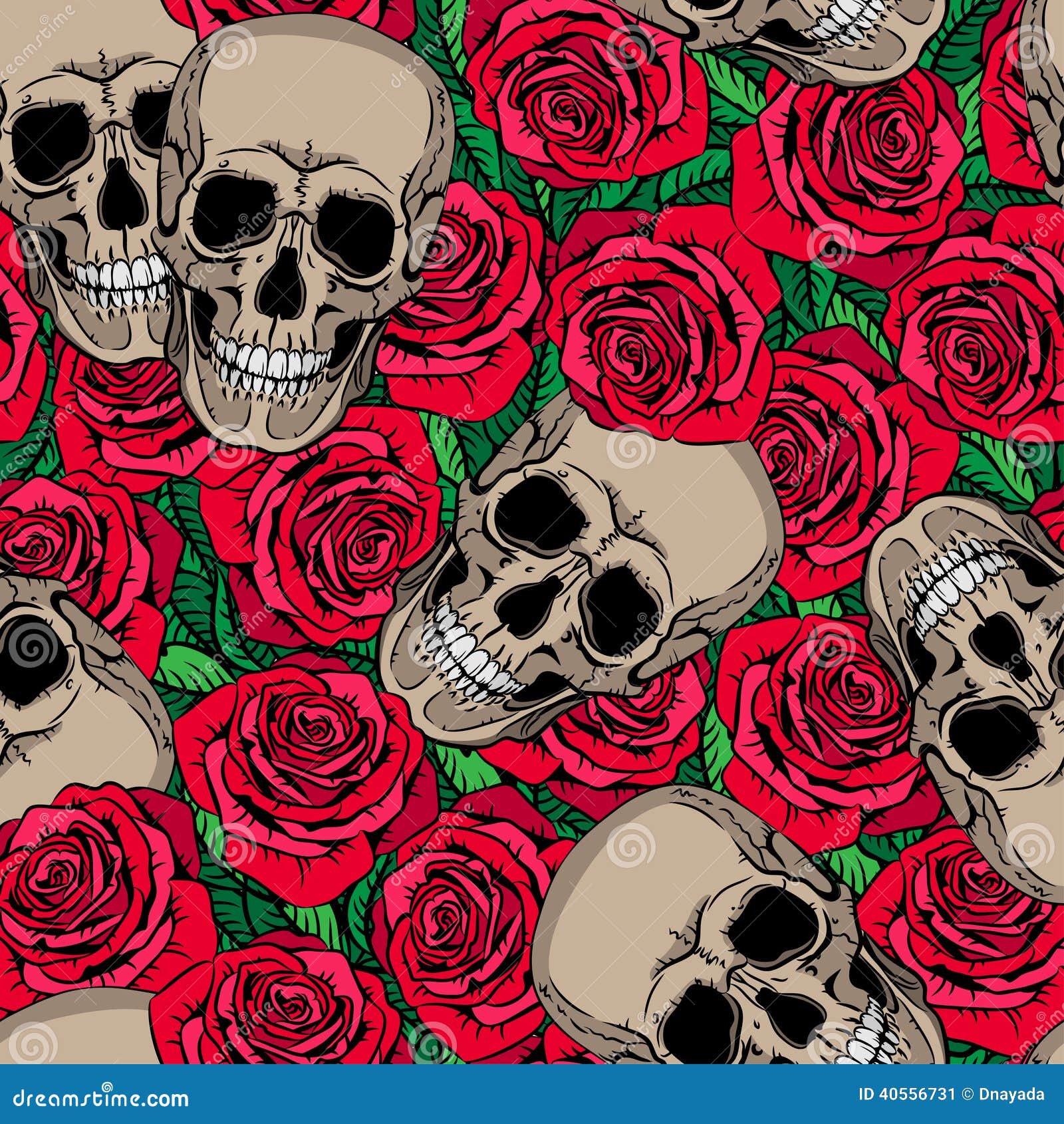 Seamless Pattern with Skulls and Red Roses Stock Vector - Illustration ...