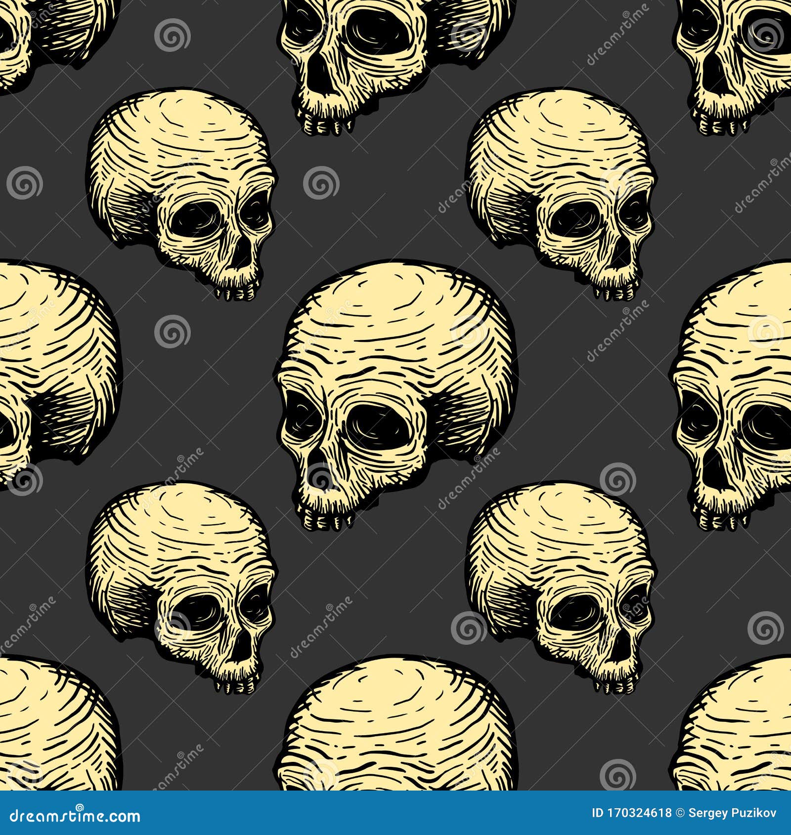 Seamless Pattern with Skulls. Vector Hand Drawing Illustration Stock ...