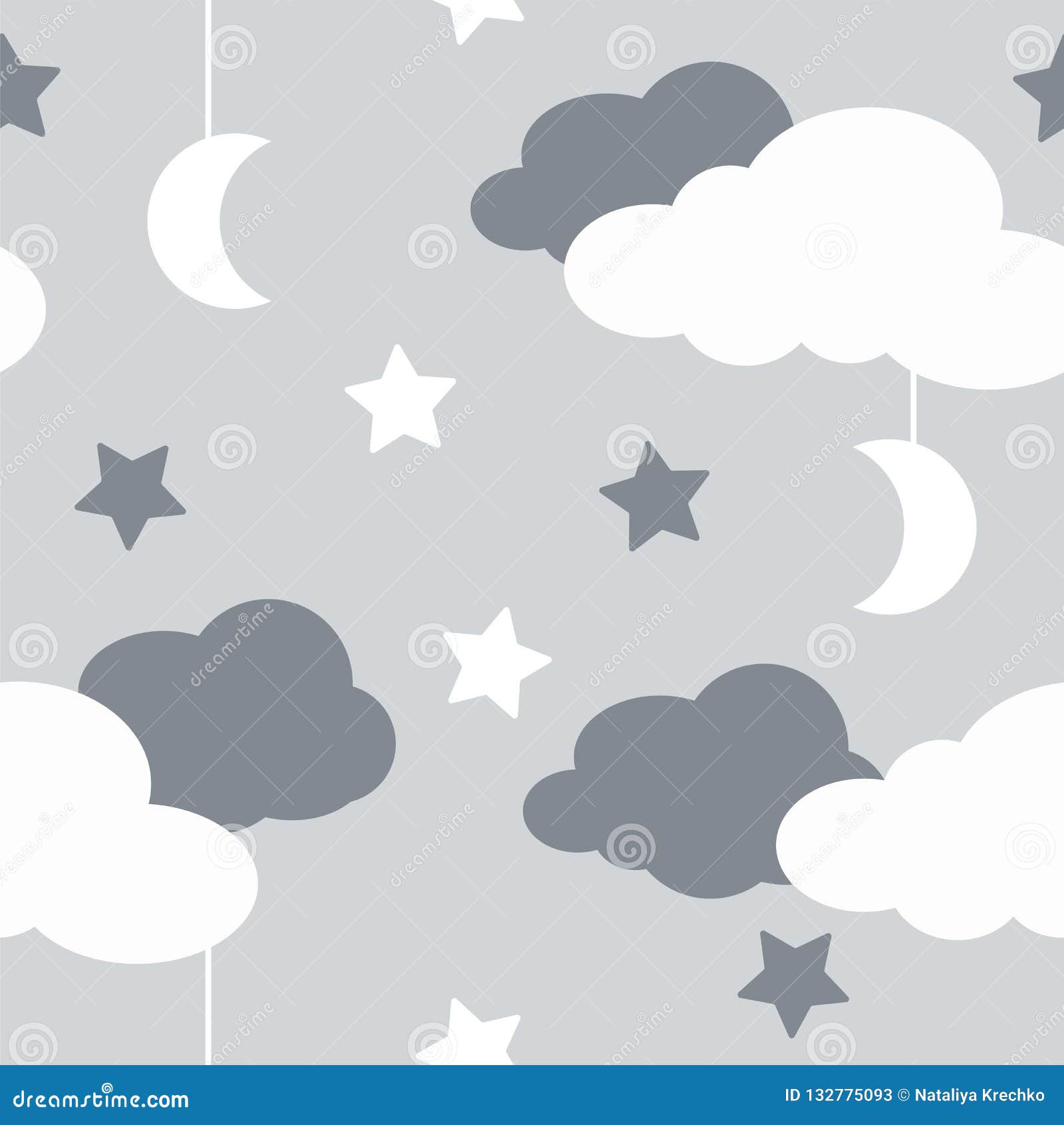 Seamless Pattern with Sky Elements in Line Art Style, Grey Night Stock ...