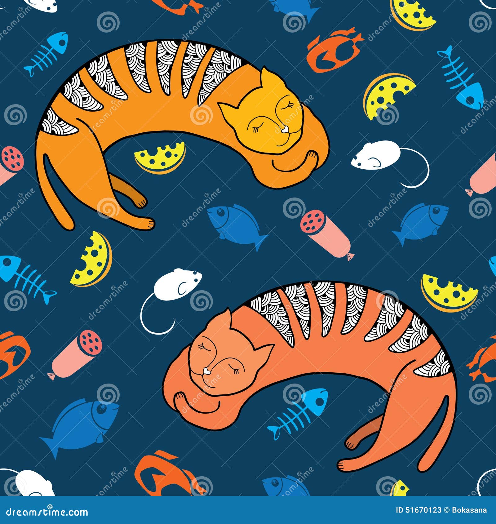 Seamless Pattern with Sleeping Cat Stock Vector - Illustration of piece, fish: 51670123