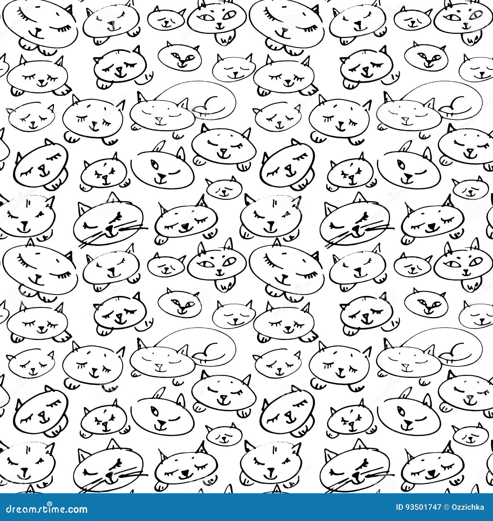 Seamless Pattern with Sleeping Cats. Sketch Vector Illustration. Hand ...