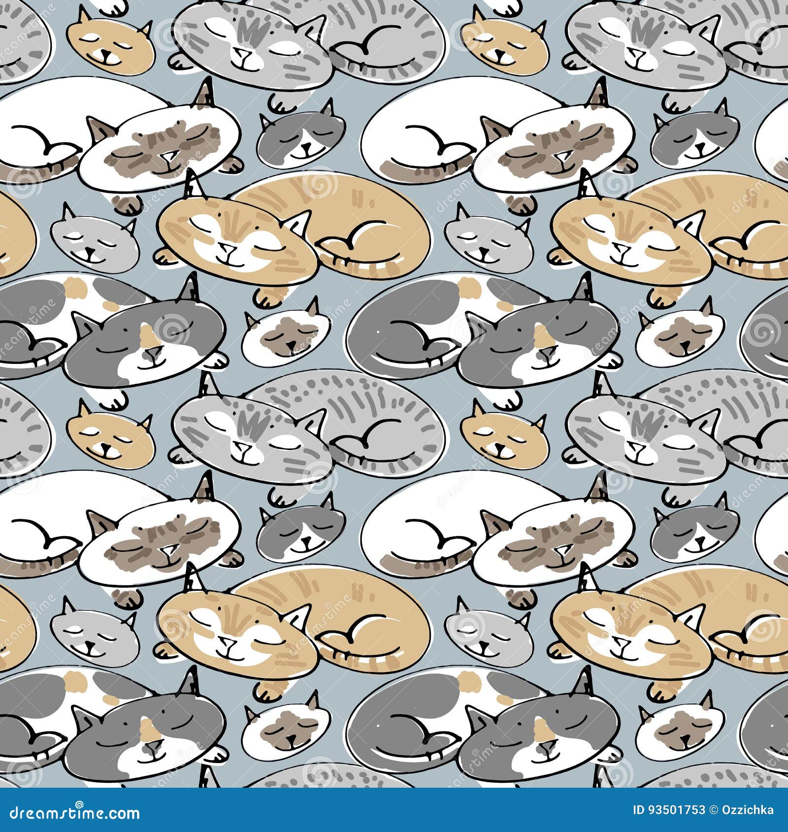 Seamless Pattern with Sleeping Cats. Sketchy Vector Illustration. Hand ...