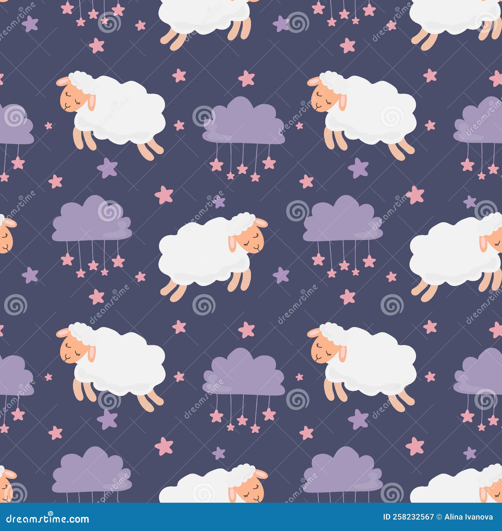 Seamless Pattern with Sleeping Sheep, Clouds and Stars in the Sky. Background for Wrapping Paper ...