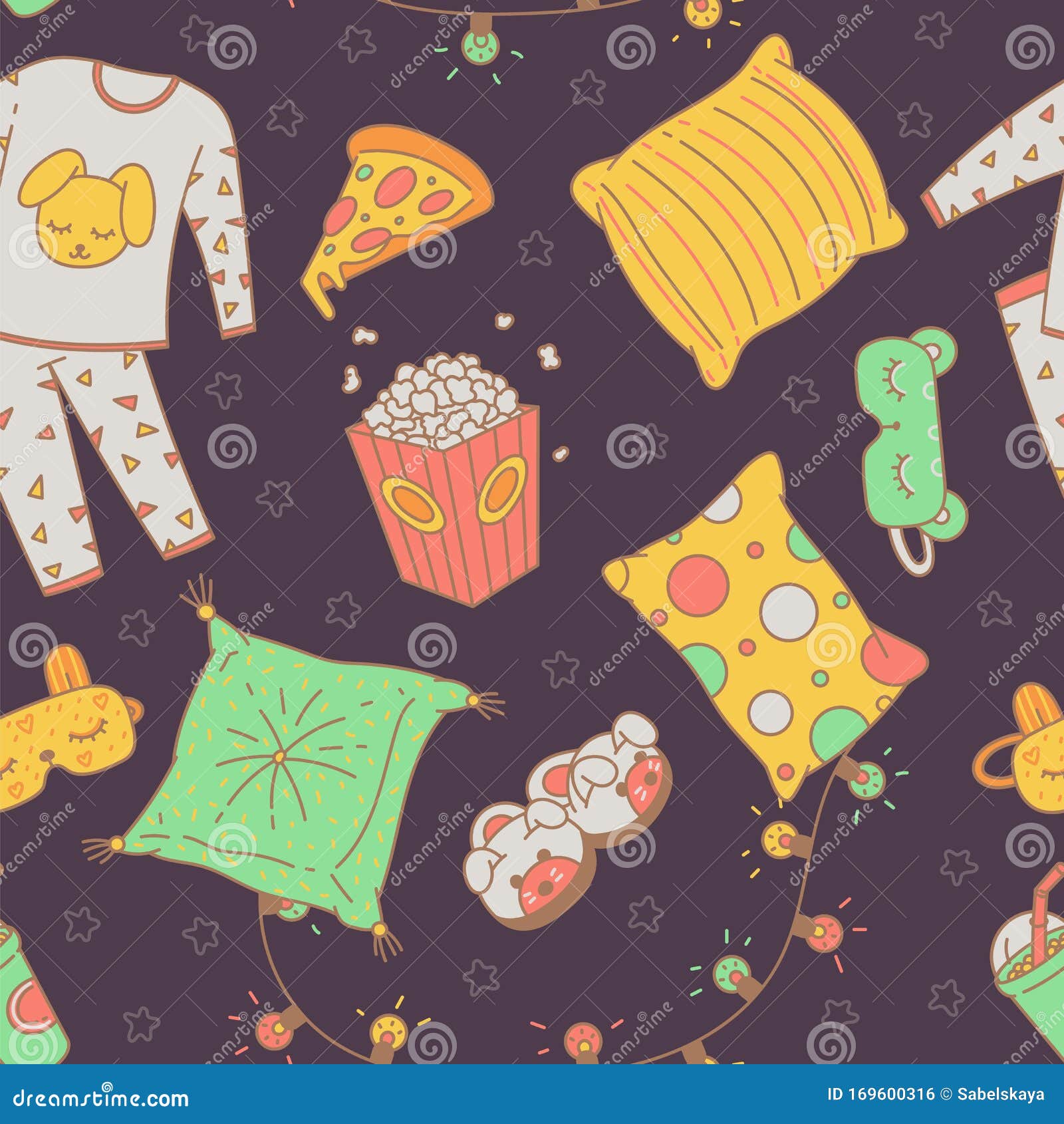 Seamless Pattern with Sleepover Pajama Party Items, Sketch Vector ...