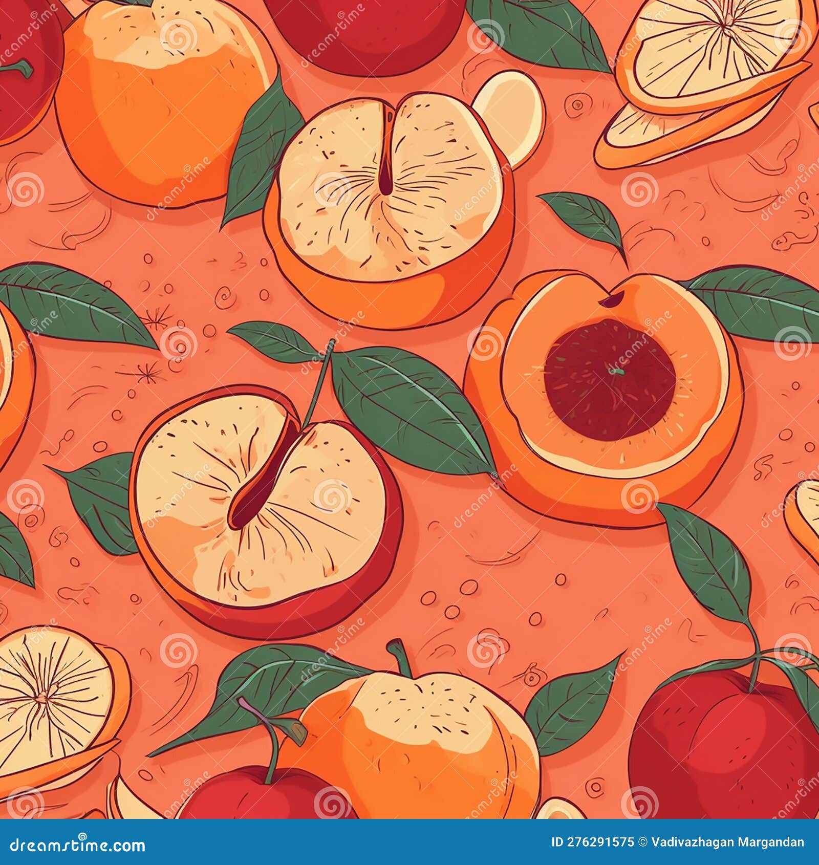 Seamless Pattern of Sliced Peaches and Nectarines on a Vibrant Orange ...