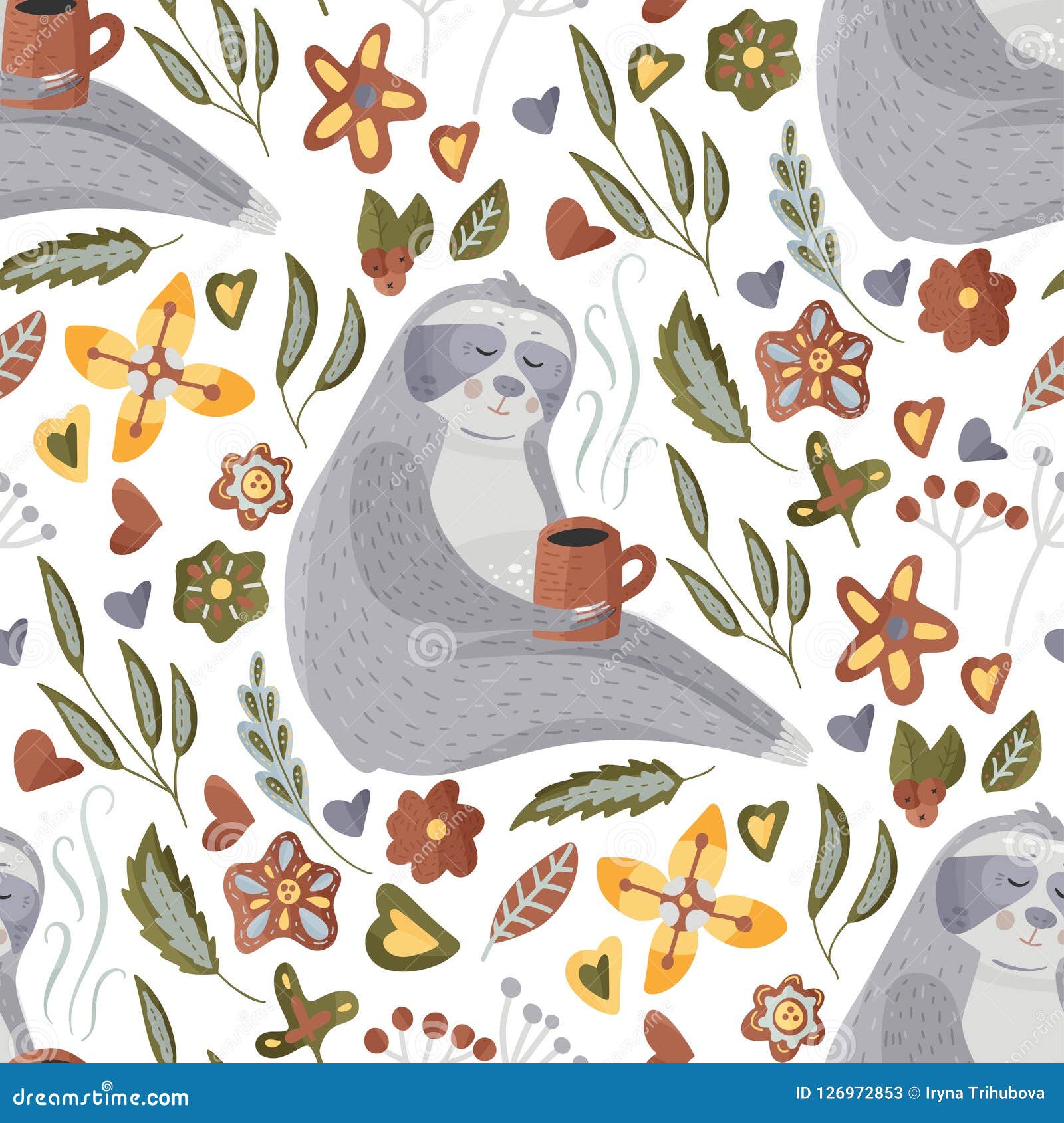 Seamless Pattern with Sloths in Flat Style. Stock Vector - Illustration ...