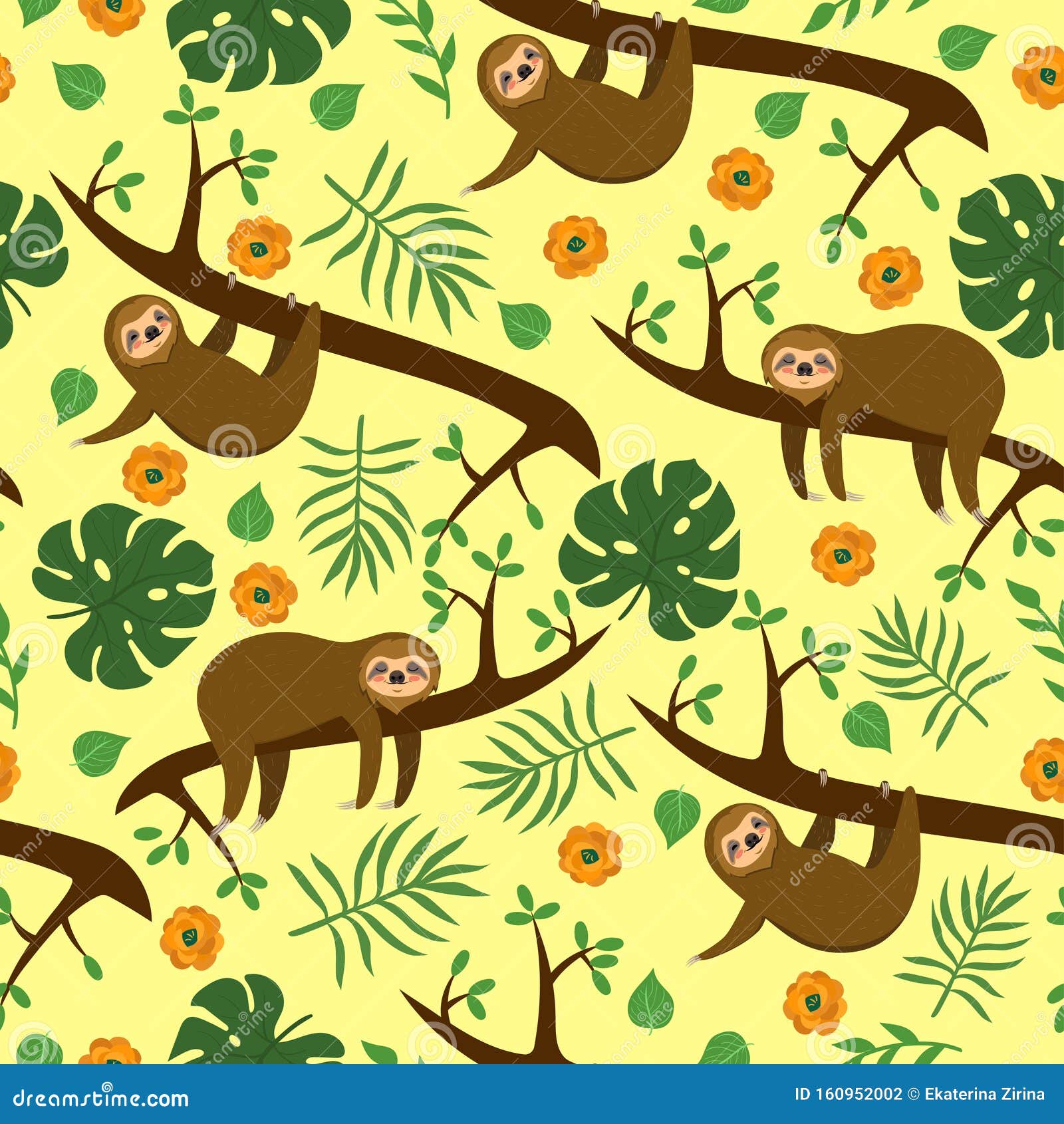 Seamless Pattern with Sloths in the Jungle. Vector Graphics Stock Photo - Image of lazy, cute ...