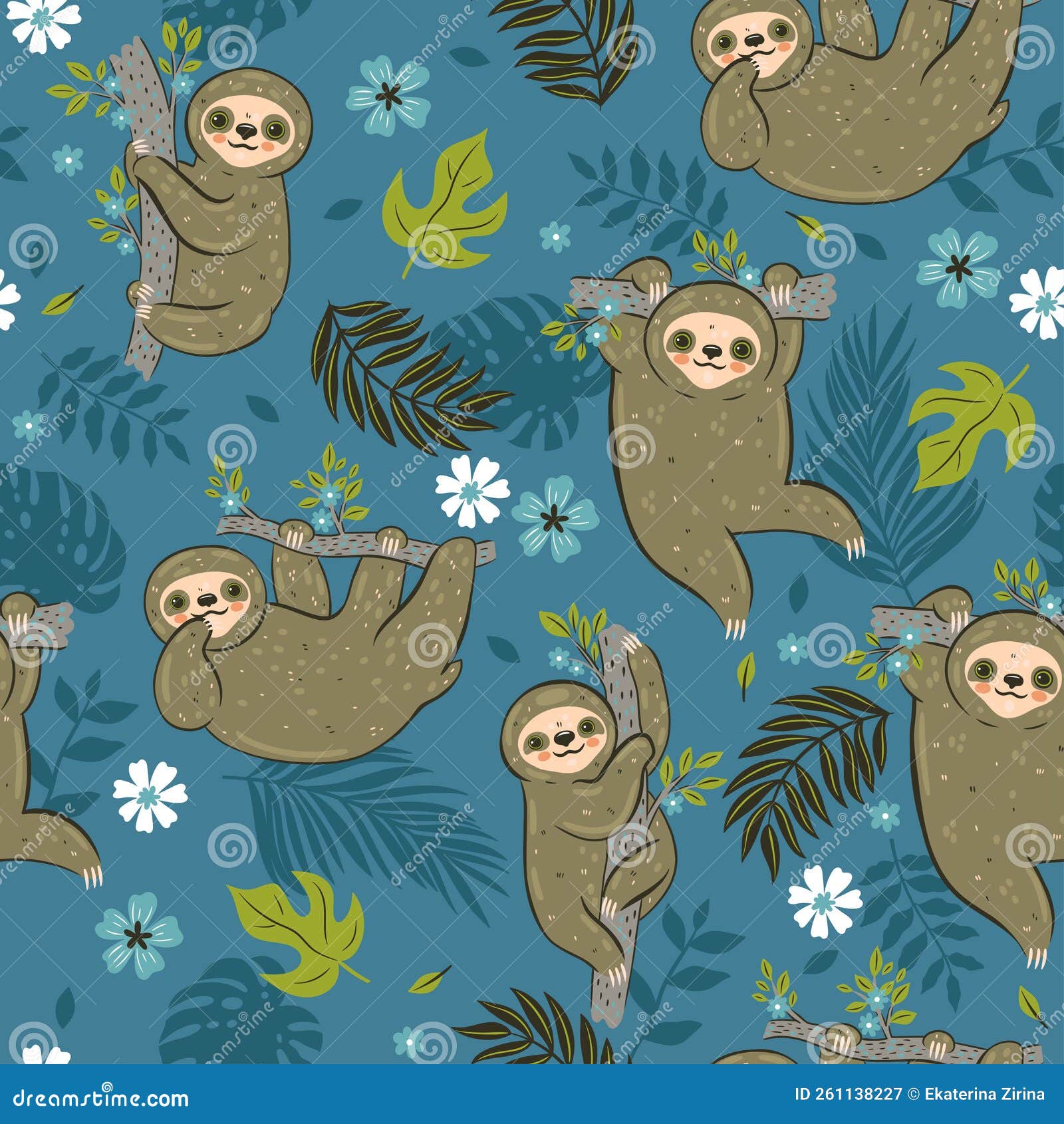 Sloths In Tropical Jungle Seamless Pattern, Cute Baby Soth Repeat ...