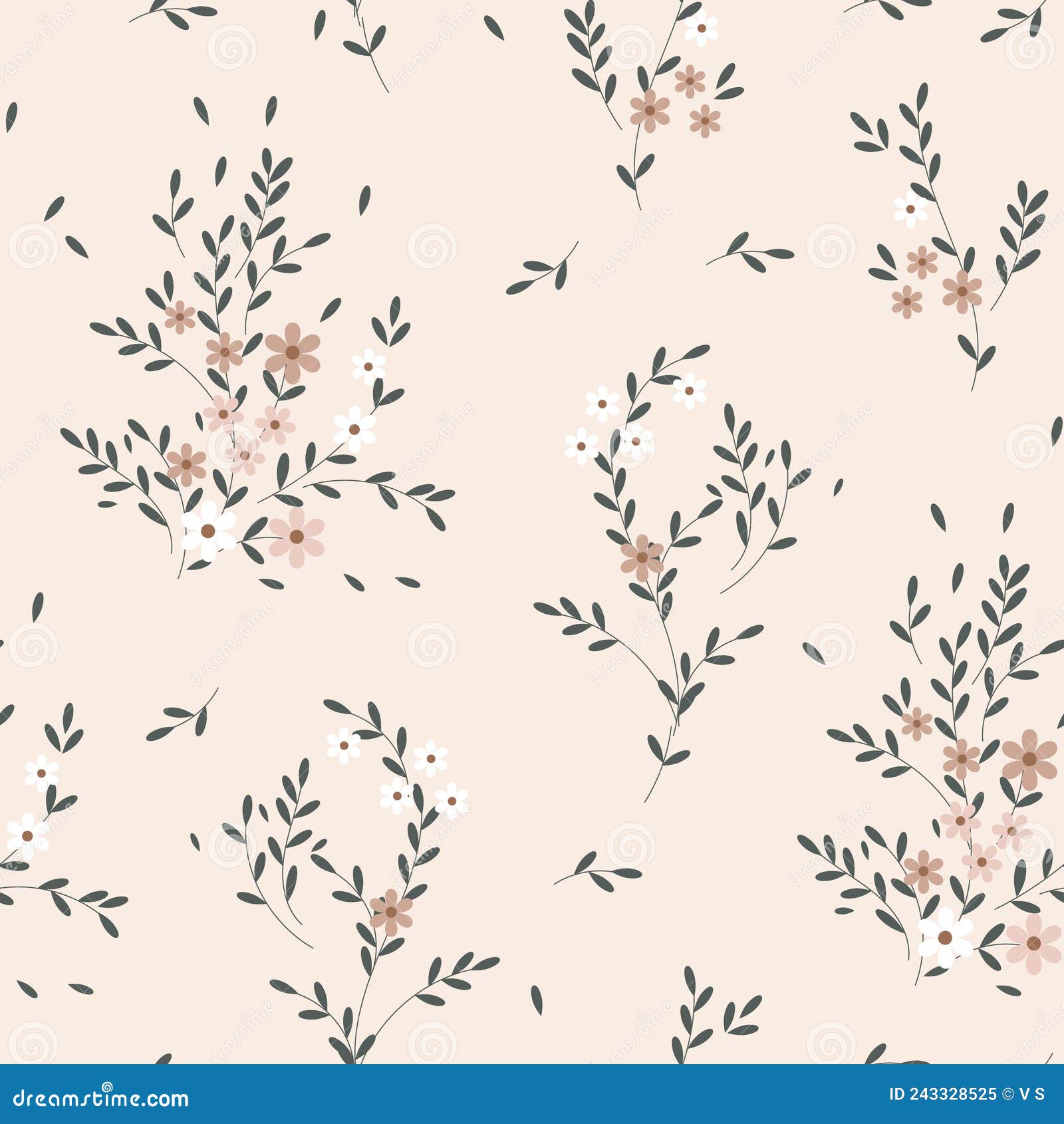 Seamless Pattern, Small Beige Flowers with Scattered Leaves on a Beige ...