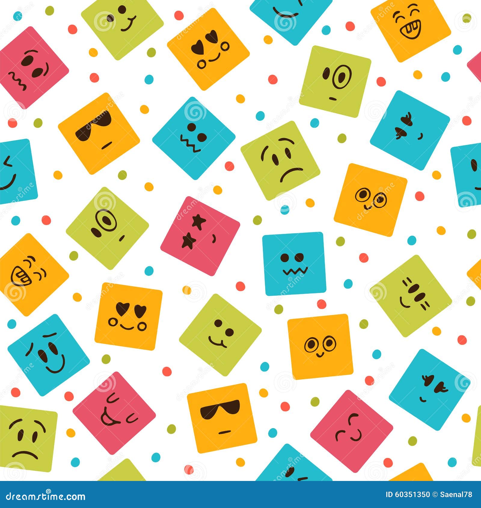 Seamless Pattern with Smiley Squares. Cute Cartoon Characters Stock ...