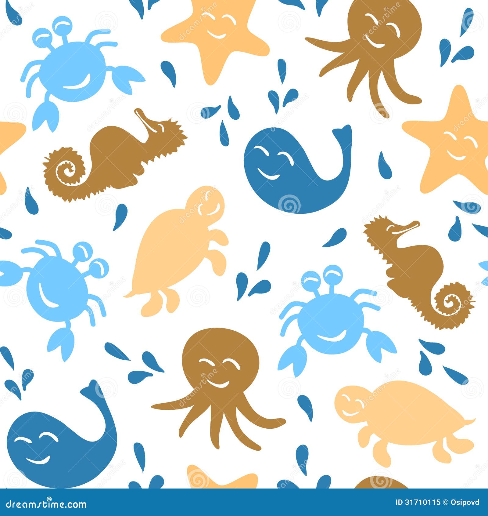 Seamless Pattern of Smiling Sea Creatures Stock Vector - Illustration ...